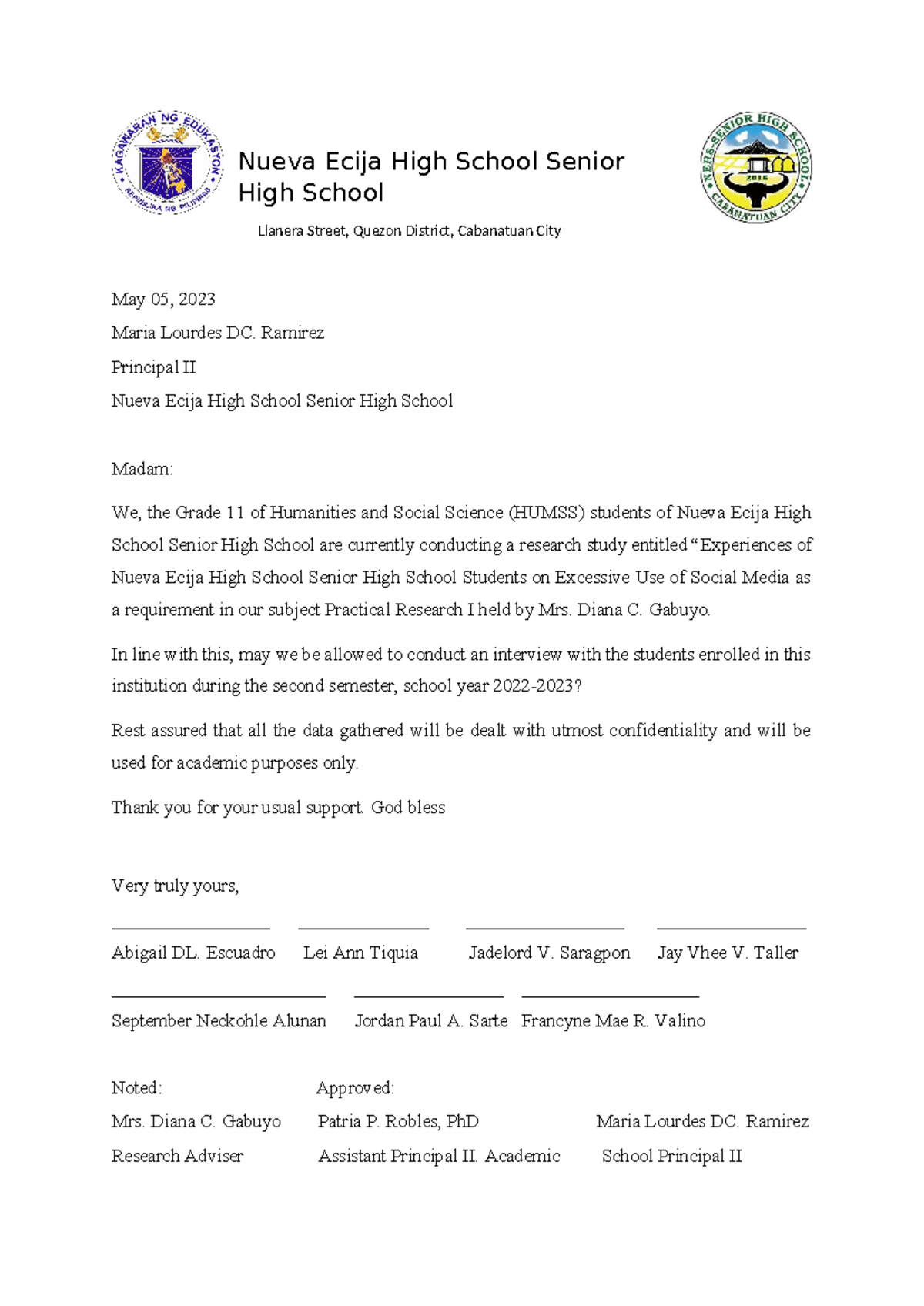 Letter-dshjgjh - Nueva Ecija High School Senior High School Llanera ...