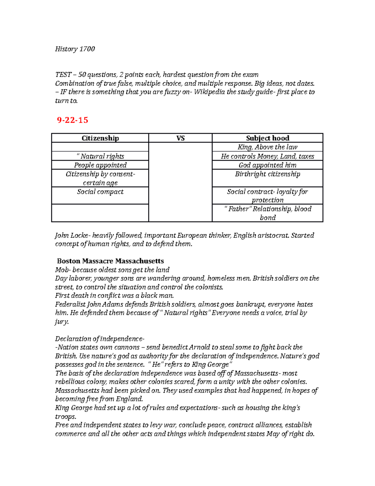 History 1700 Notes - History 1700 TEST – 50 questions, 2 points each ...