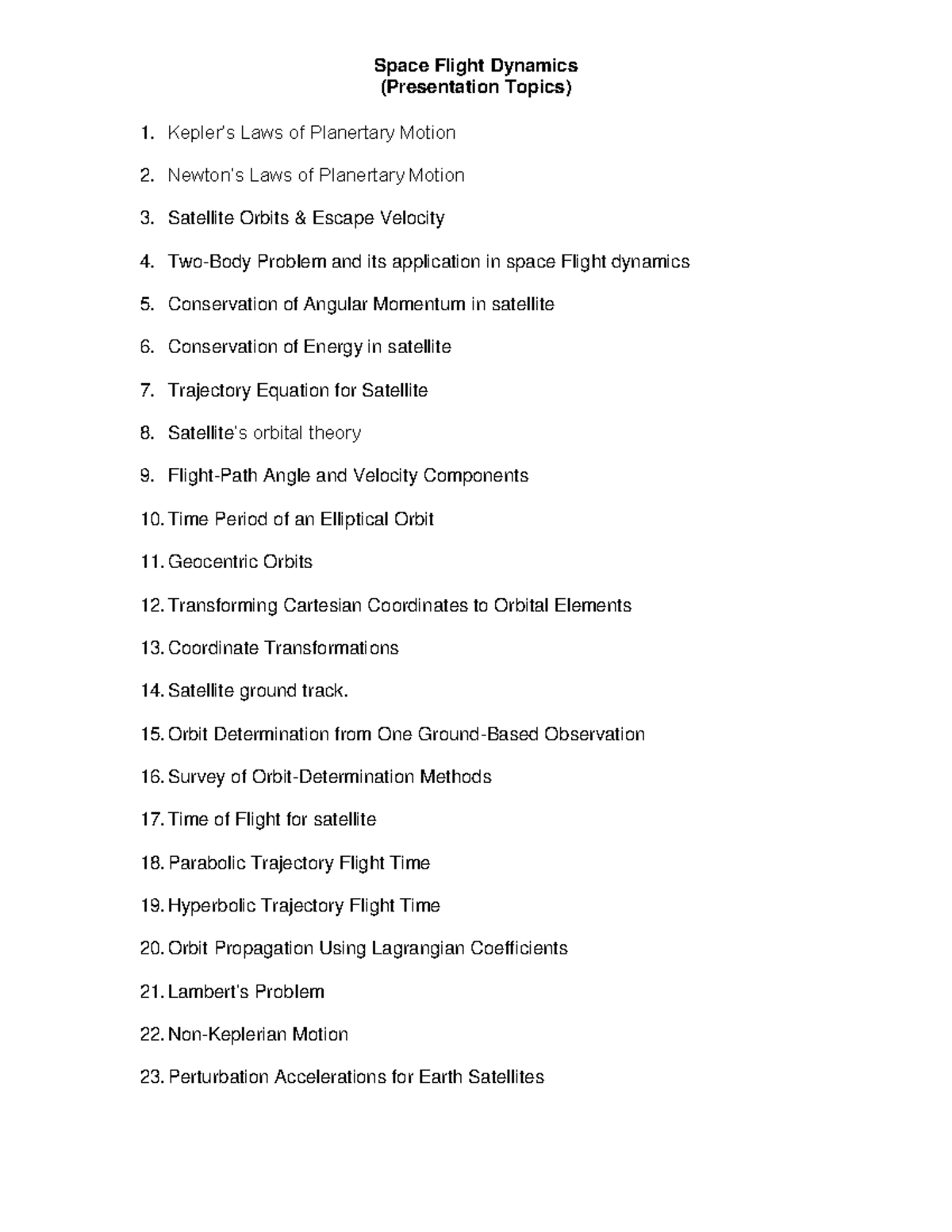 SFD Presentation Topics - Space Flight Dynamics (Presentation Topics ...
