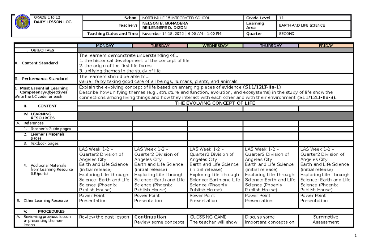 Earth and Life DLL Week 2-3 - GRADE 1 to 12 DAILY LESSON LOG School ...