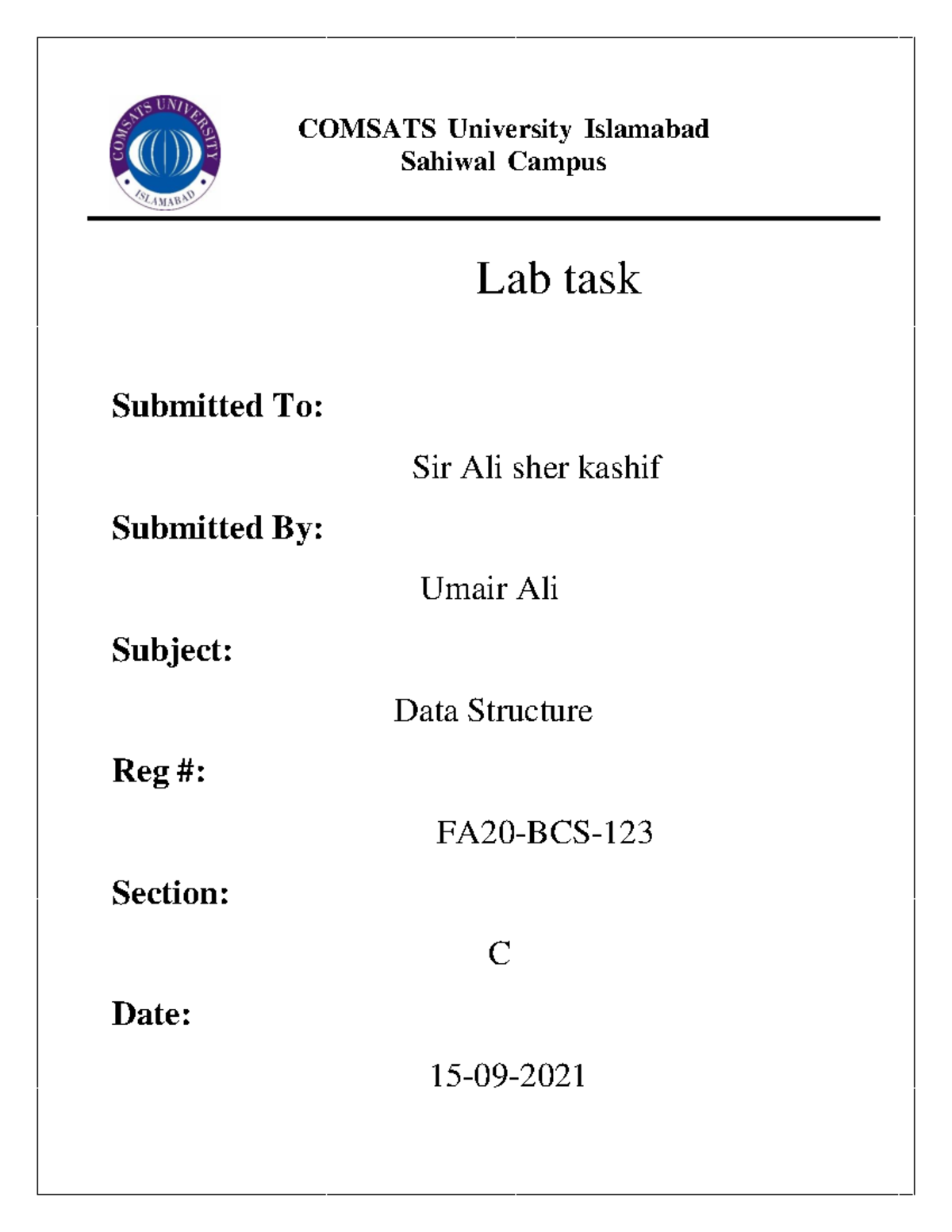 FA20-BCS-123 Lab task - FA20-BCS-123 Lab task - COMSATS.. University ...