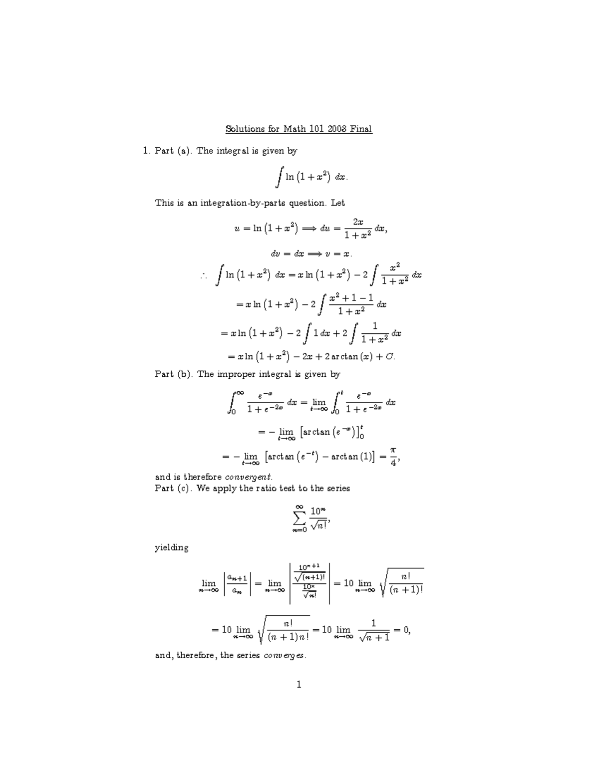 MATH 101 Winter 2008 final exam solutions - Solutions for Math 101 2008 ...
