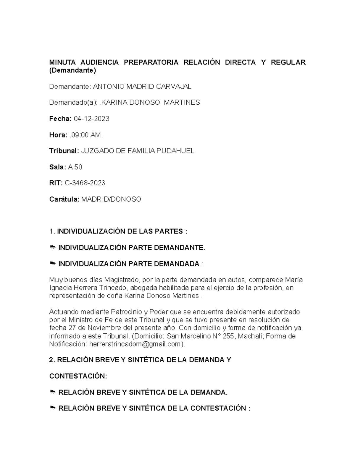 Modelo DE Minuta - MINUTA AUDIENCIA PREPARATORIA RELACIÓN DIRECTA Y ...