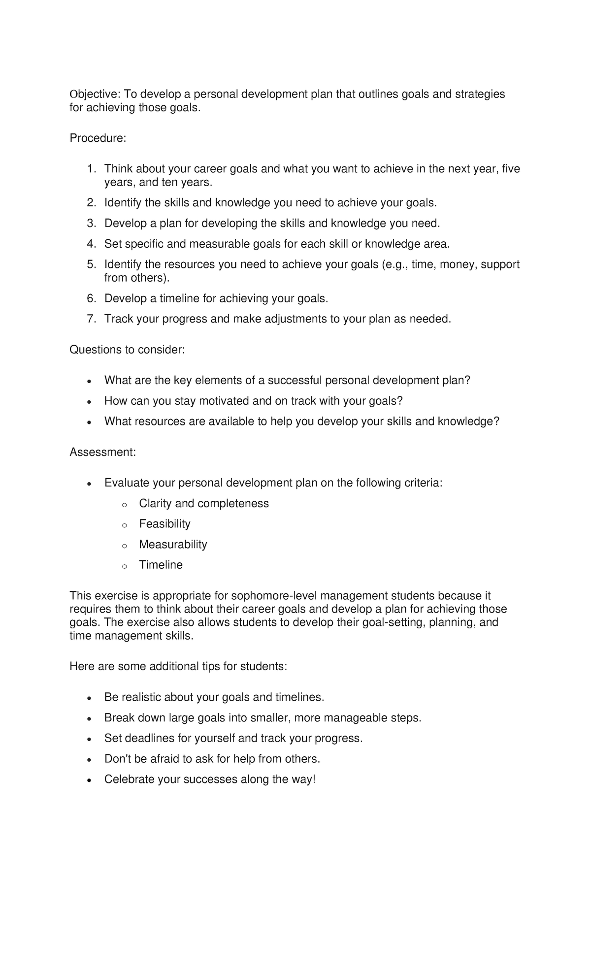 Principles OF Management Exercise - Objective: To develop a personal ...
