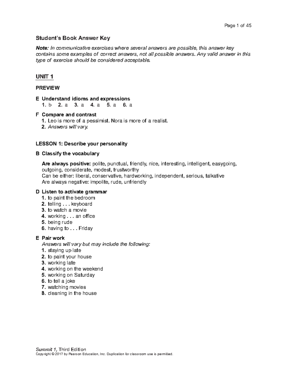 Sm1 answer-1 - sth - Summit 1, Third Edition Student’s Book Answer Key ...