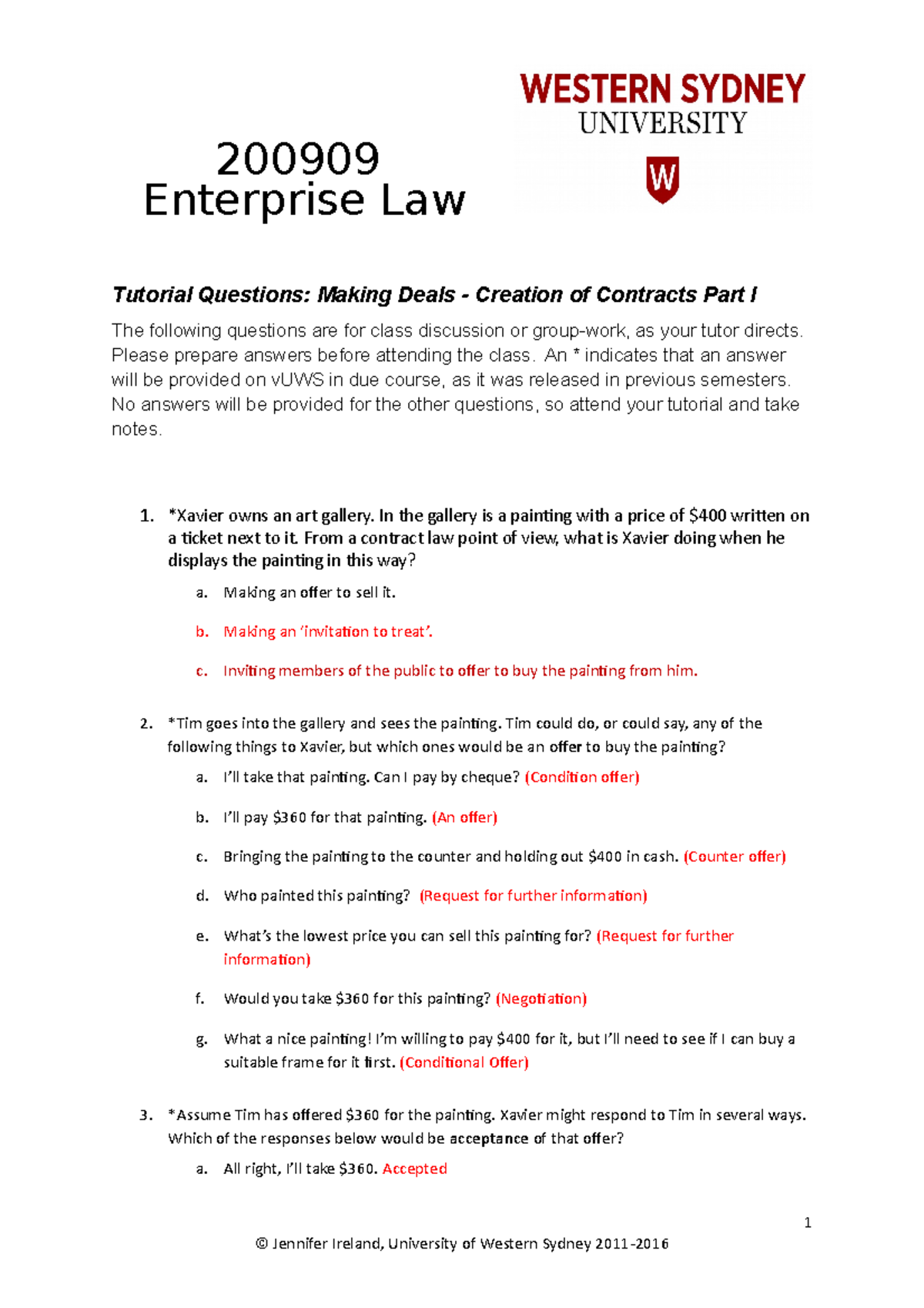 Tutorial Questions - Making Deals - Creation of Contracts PART1 - 200909 Enterprise Law Tutorial ...