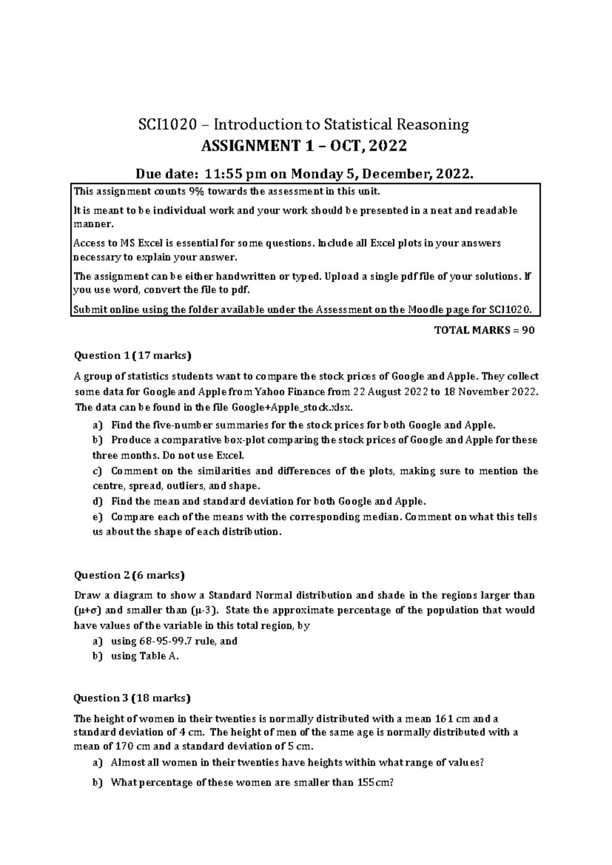 Assignment 1 Oct 2022 Sci1020 Introduction To Statistical Reasoning Assignment 1 Oct 2022 8052