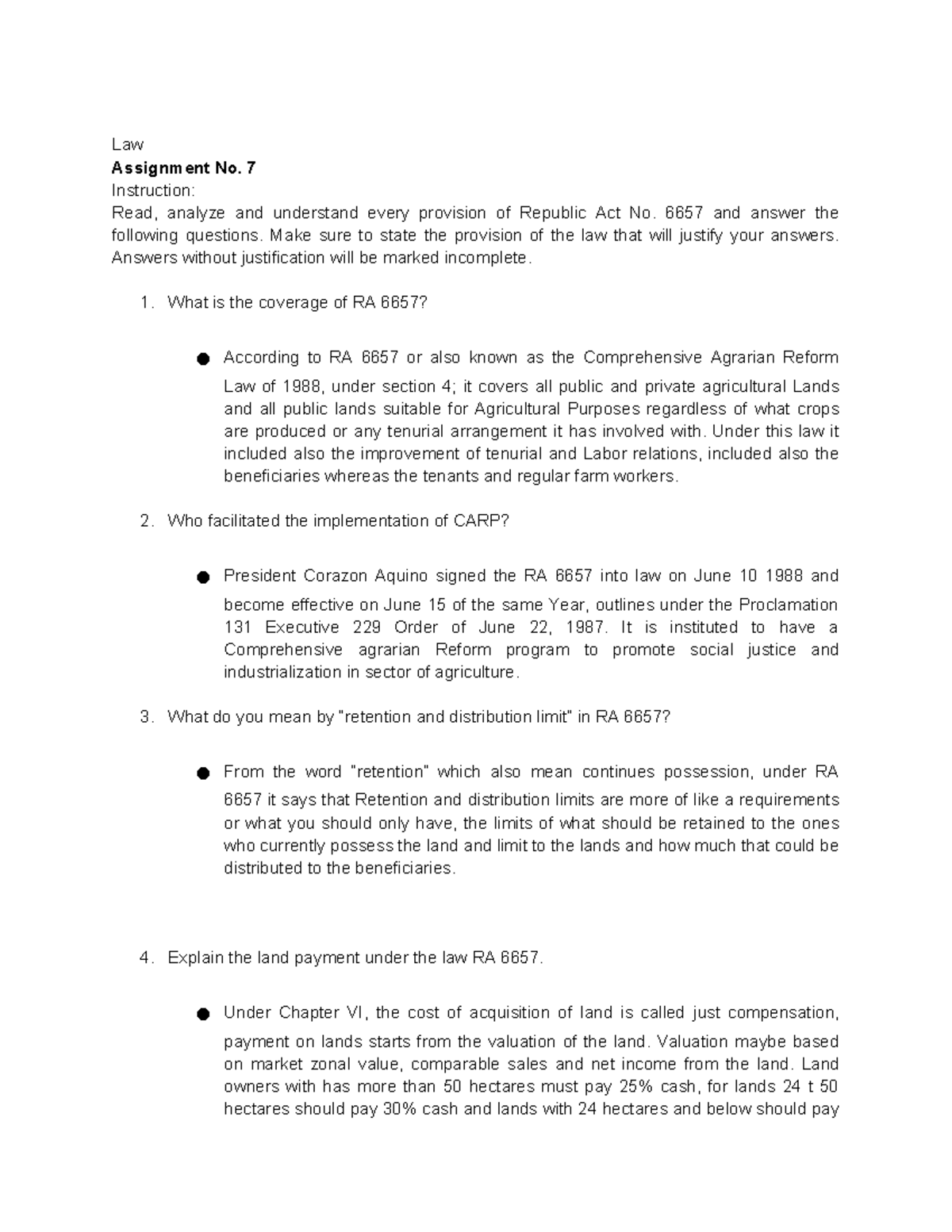 Law Assignment NO. 7 - Law Assignment No. 7 Instruction: Read, analyze ...