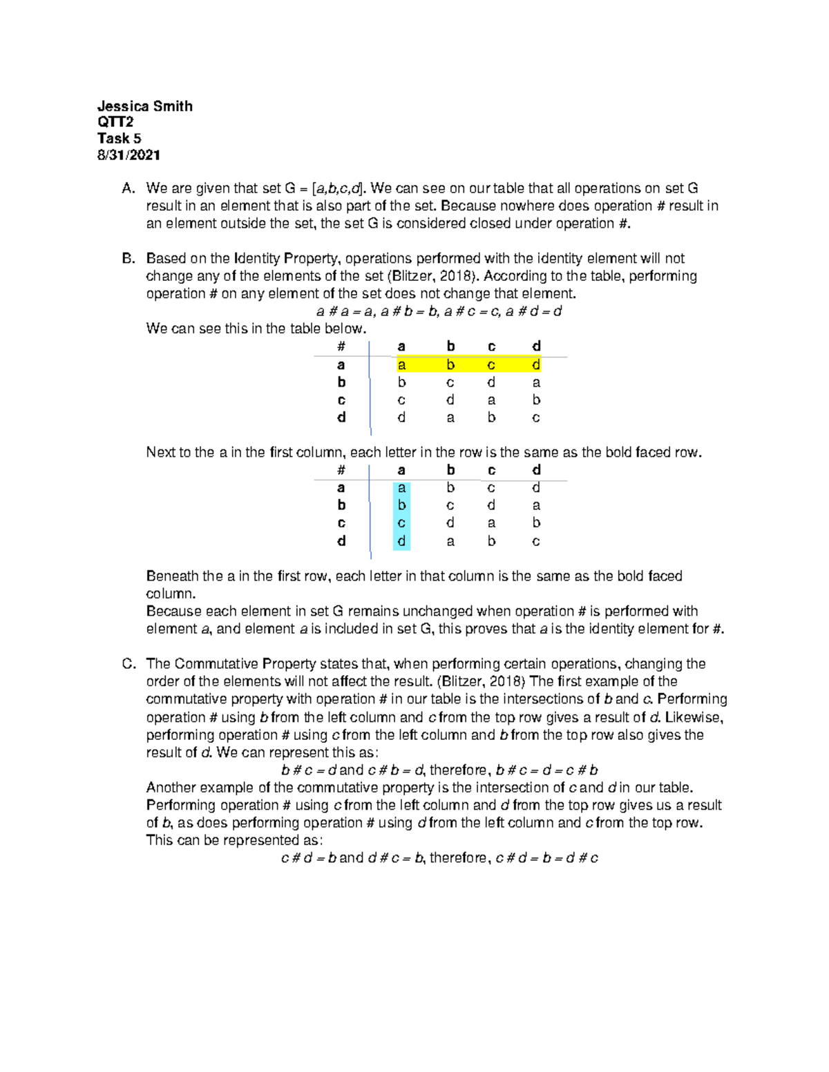 QTT2 Finite Mathematics Task 5 - Jessica Smith QTT Task 5 8/31/ A. We are given that set G ...