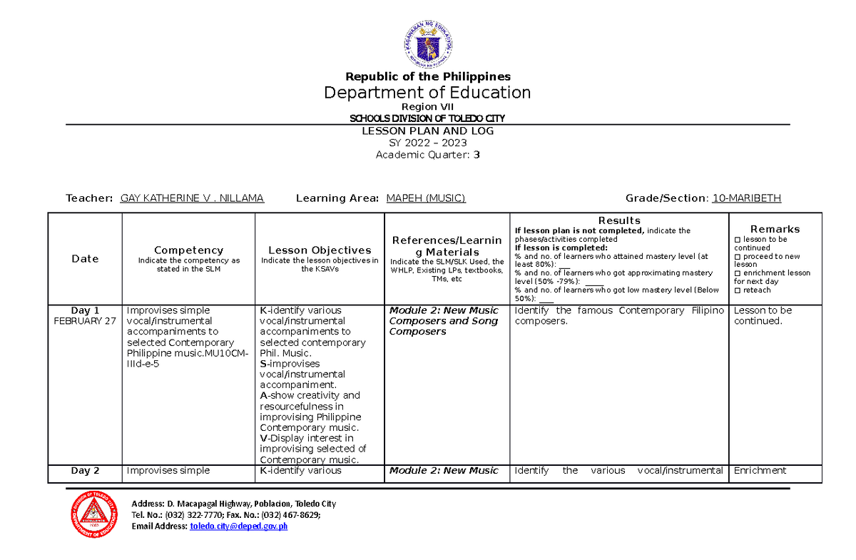 Log Plan 10 week3Q3 - Lesson Log Plan - Republic of the Philippines ...