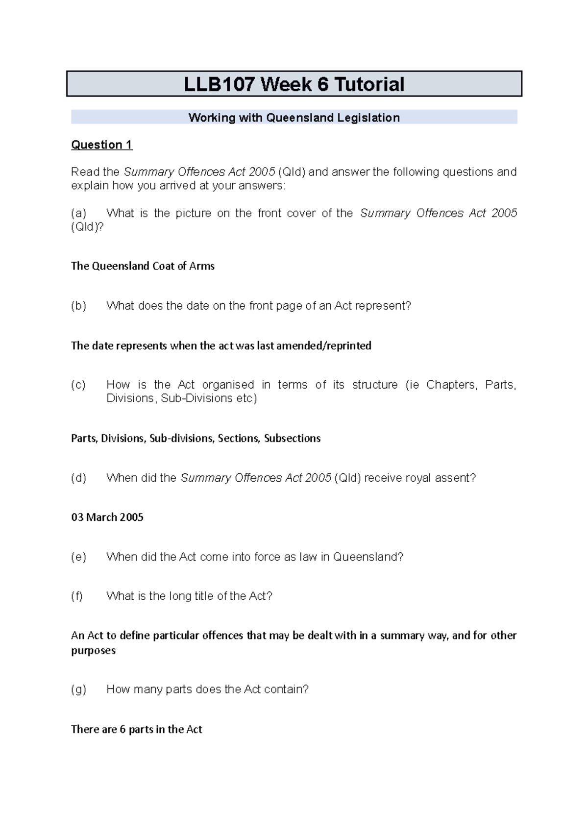 LLB107 Week 6 Tutorial 4 Working with Queensland Legislation - LLB107 Week 6 Tutorial Working ...
