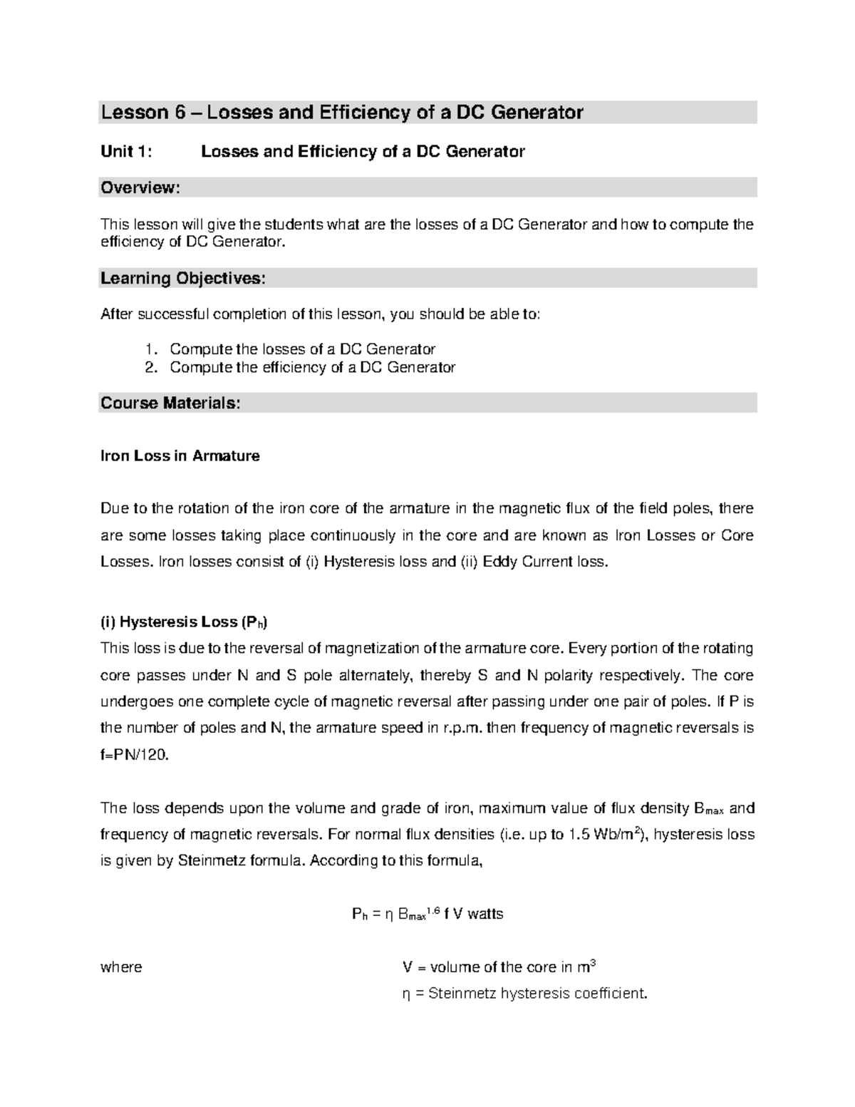 ELEN 30083 Electrical Machines I Lesson 6 SY 2023 2024 - Lesson 6 ...