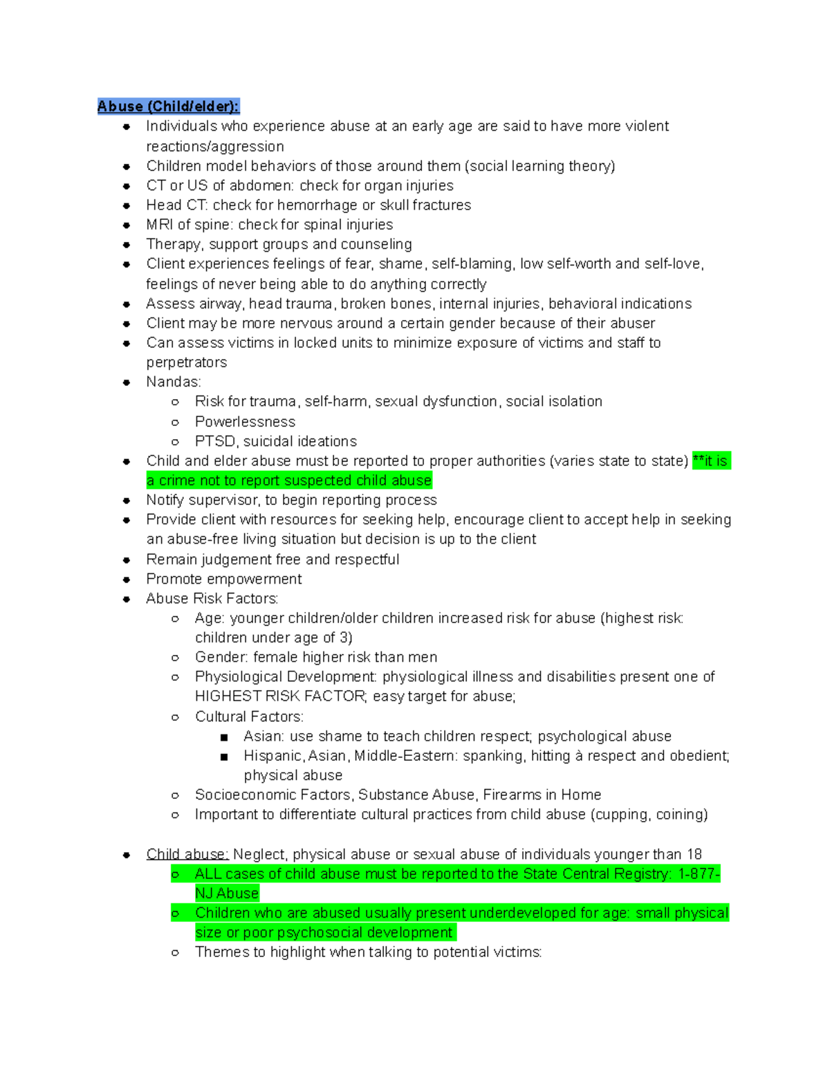 Copy of Exam 5 - summary of exam 5 material - Abuse (Child/elder ...