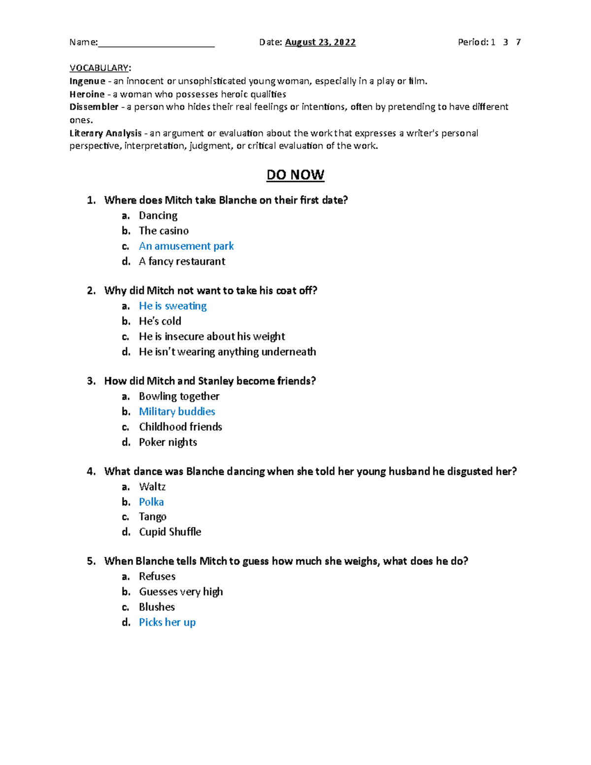 A Streetcar Named Desire Quiz - Studocu