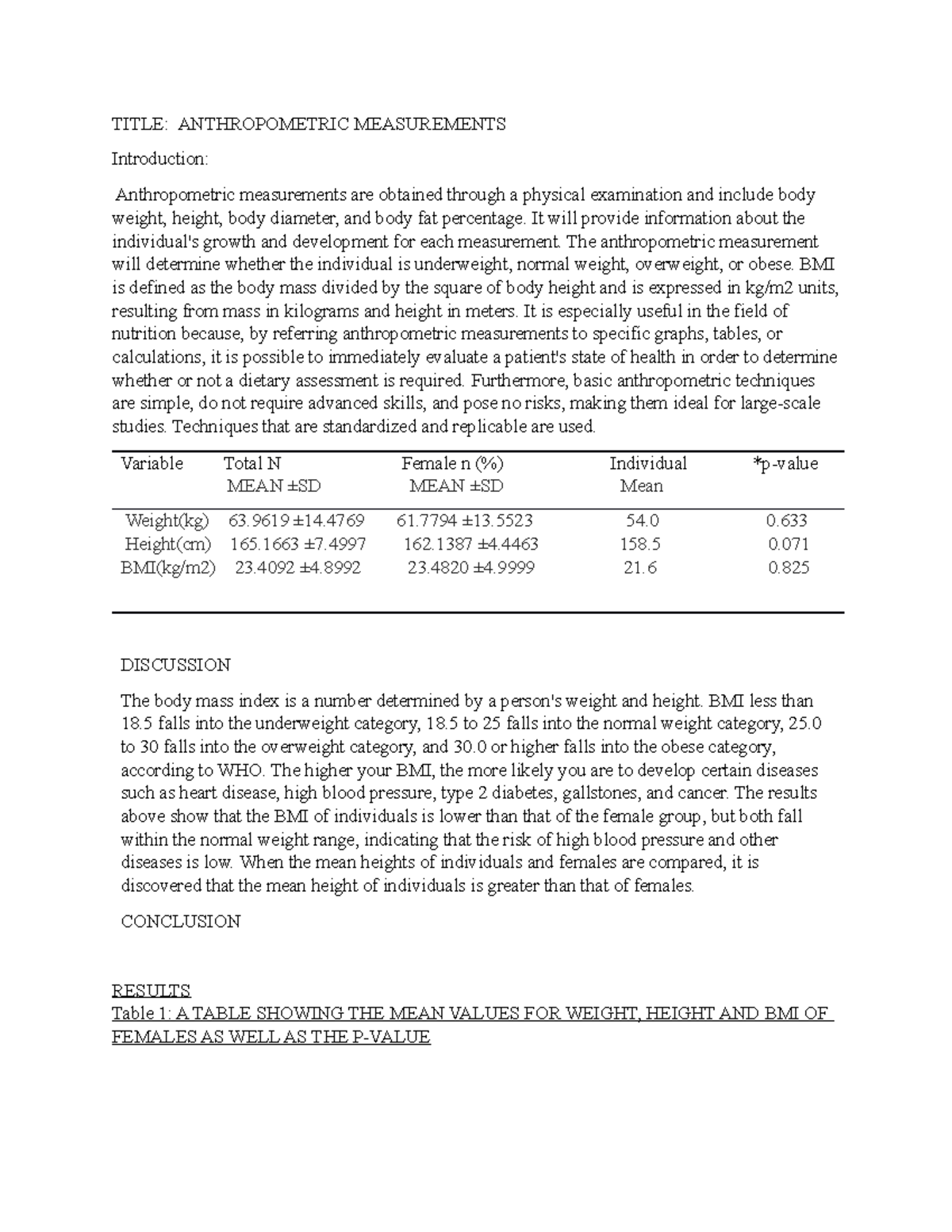 anthropometry measurement - TITLE: ANTHROPOMETRIC MEASUREMENTS ...
