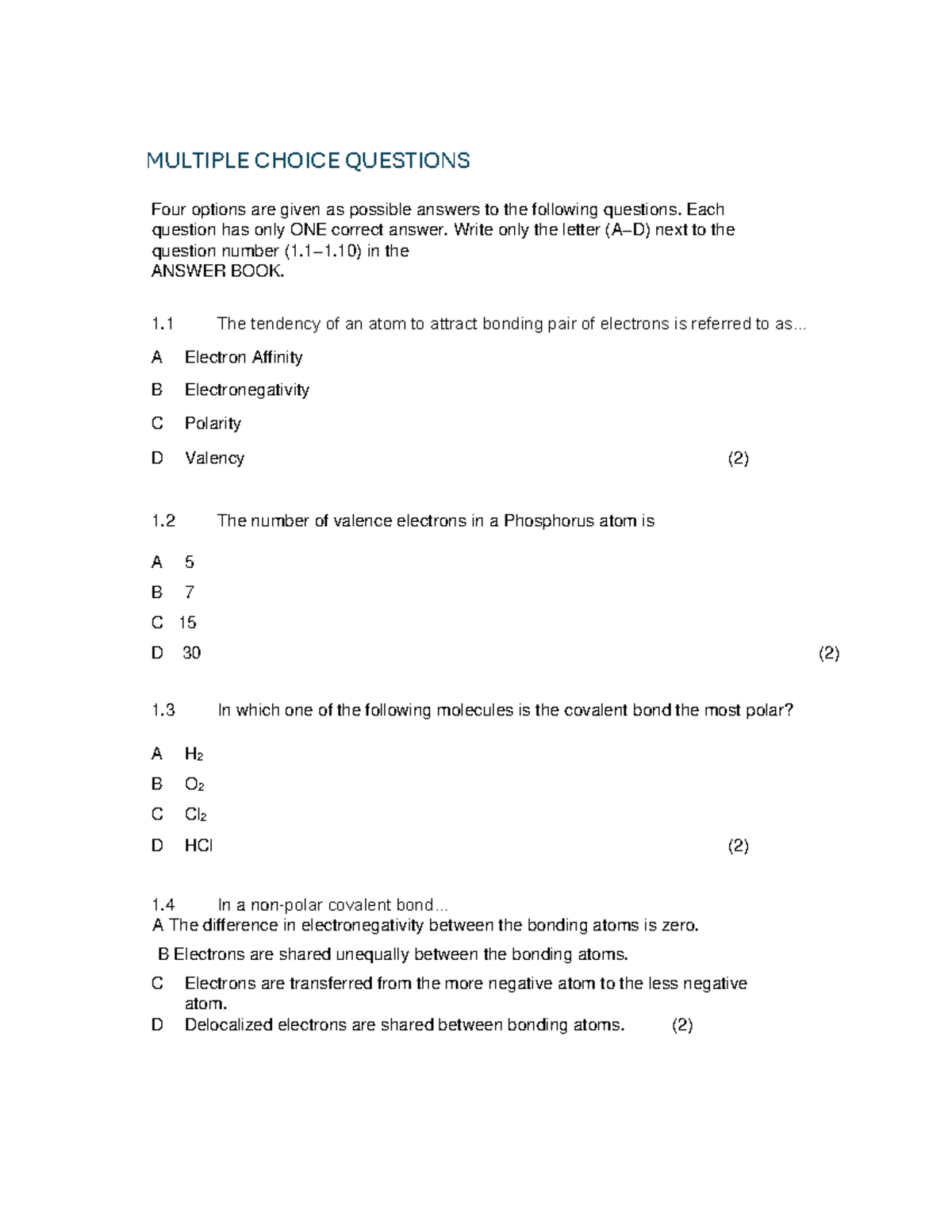 Chemical Bonding - Chemistry - MULTIPLE CHOICE QUESTIONS Four options ...