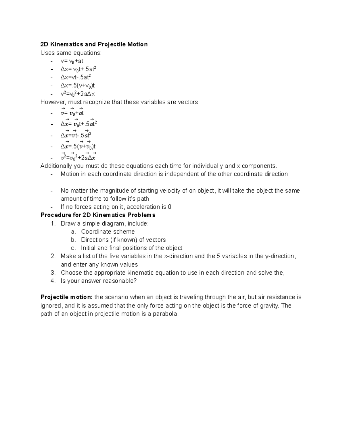 2D Kinematics Notes - 2D Kinematics and Projectile Motion Uses same ...