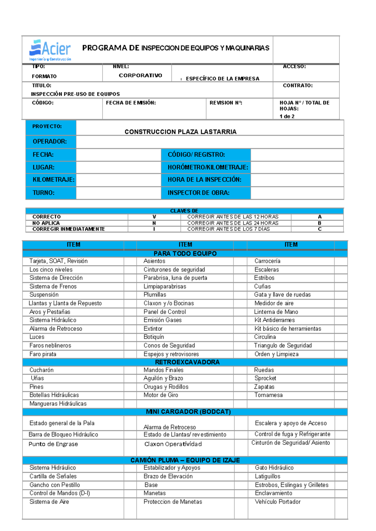 Programa de Inspeccion de Equipo y Maquinaria - PROYECTO: CONSTRUCCION ...