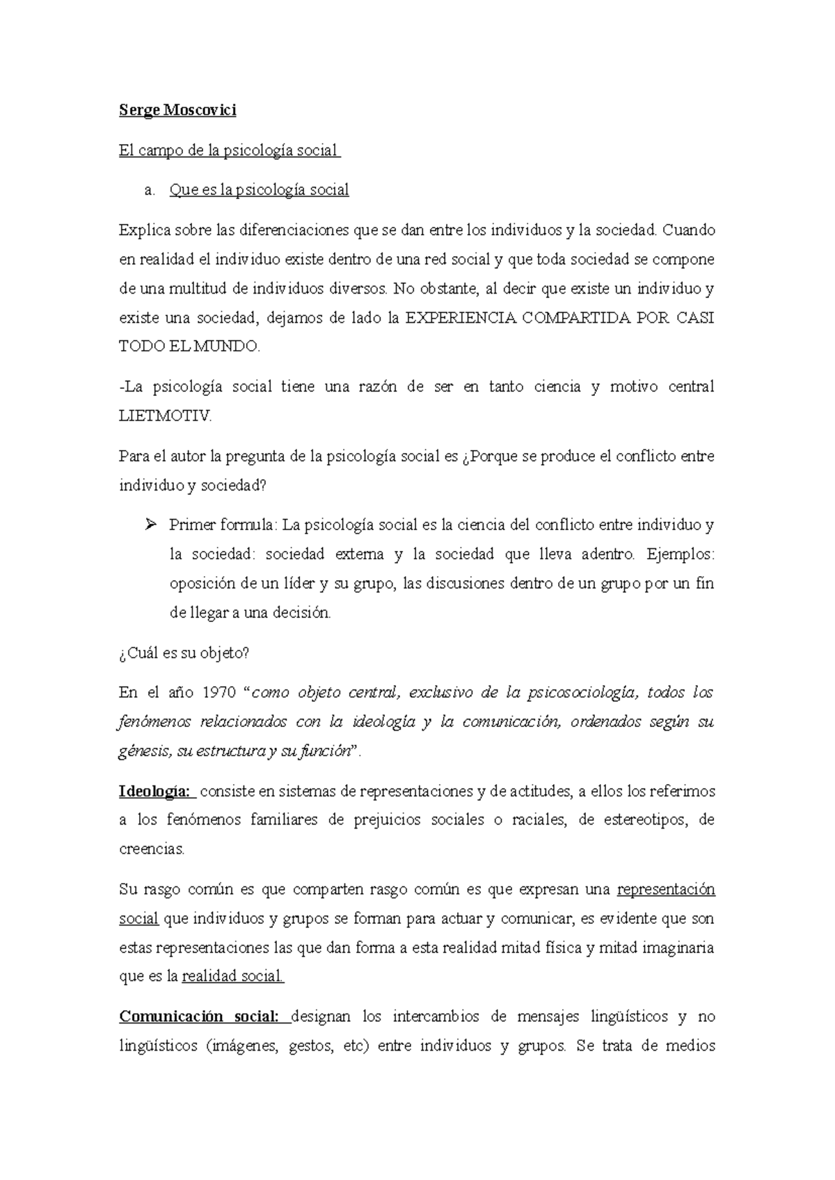 Serge Moscovici apunte - Serge Moscovici El campo de la psicología ...