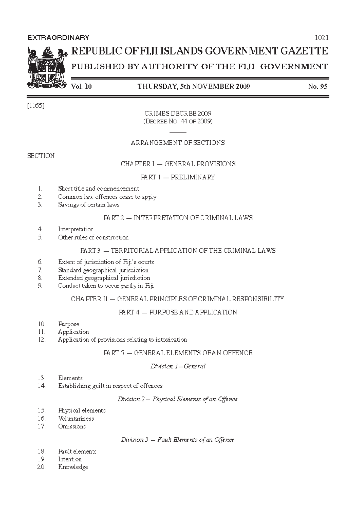 Fiji crimes ACT 2009 - Law - 1021 Vol. 10 THURSDAY, 5th NOVEMBER 2009 ...