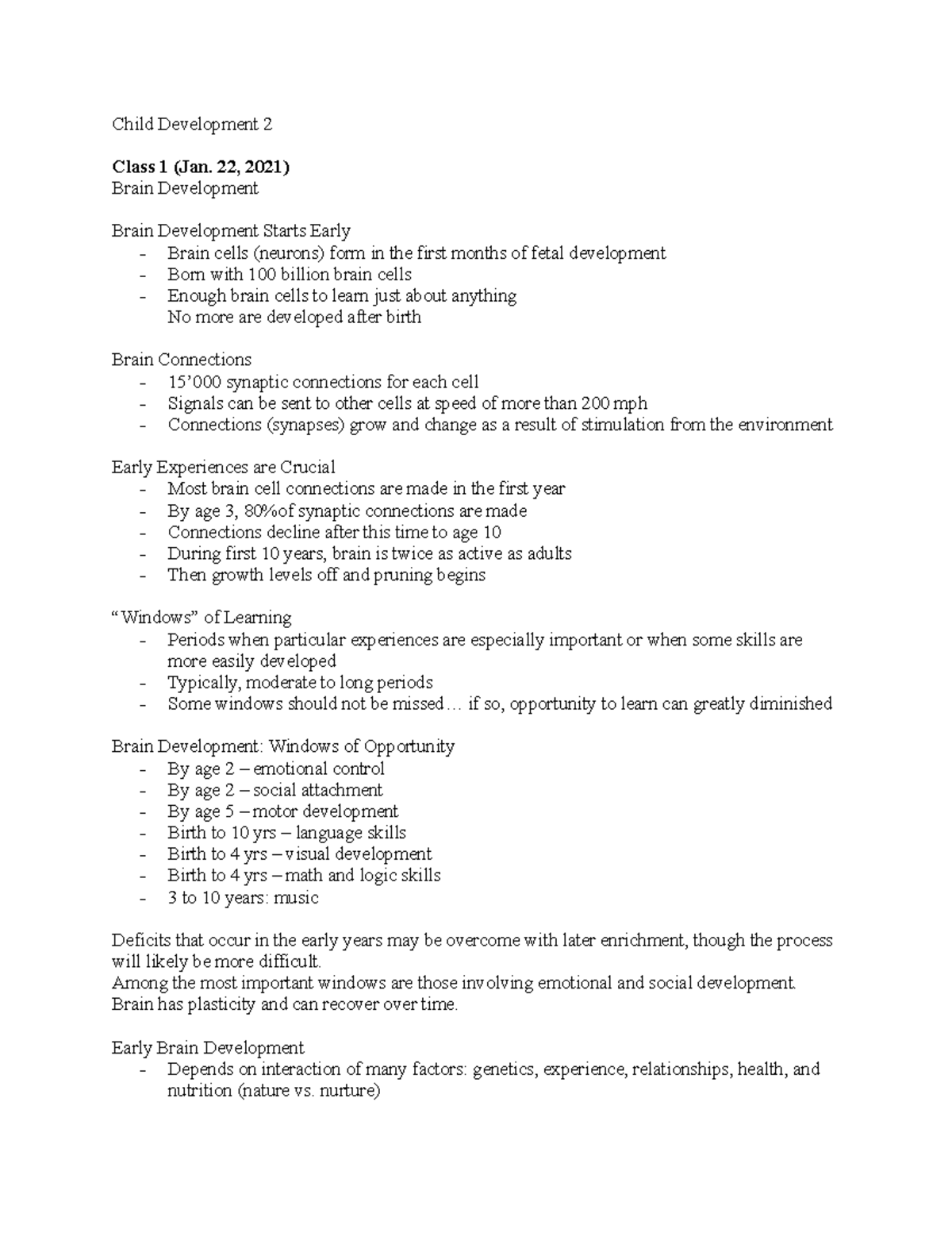Child Development 2 - Lecture notes 1 - 8 - Child Development 2 Class 1 ...