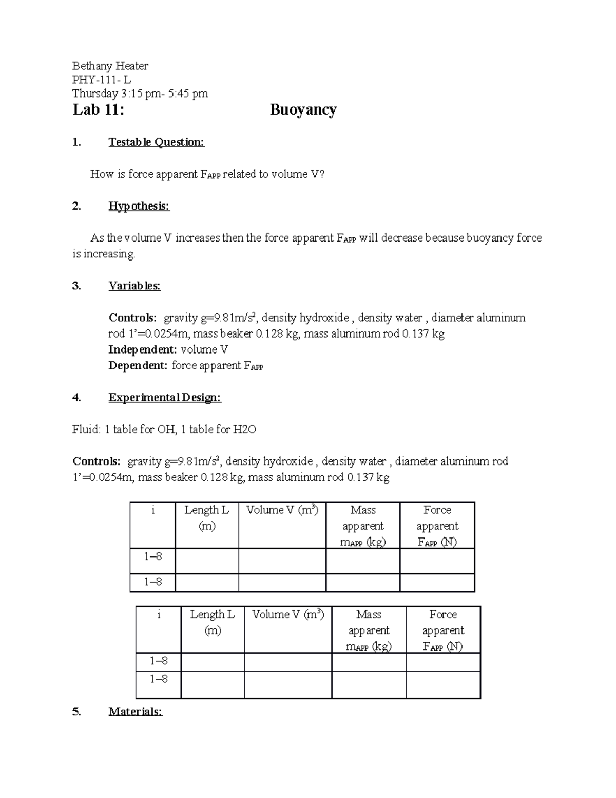 PHY111L Lab 11 Buoyancy 3 - Bethany Heater PHY-111- L Thursday 3:15 pm- 5:45 pm Lab 11: Buoyancy ...