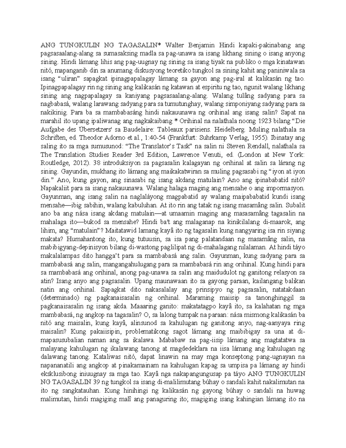 SUBJECT FOR COLLEGE - ANG TUNGKULIN NG TAGASALIN* Walter Benjamin Hindi ...