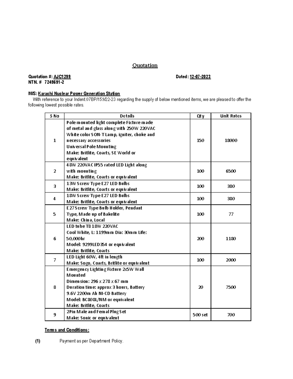 1299 - abcdedf - Quotation Quotation #: AJC1299 Dated: 12-07- NTN. # 7249691- M/S: Karachi ...