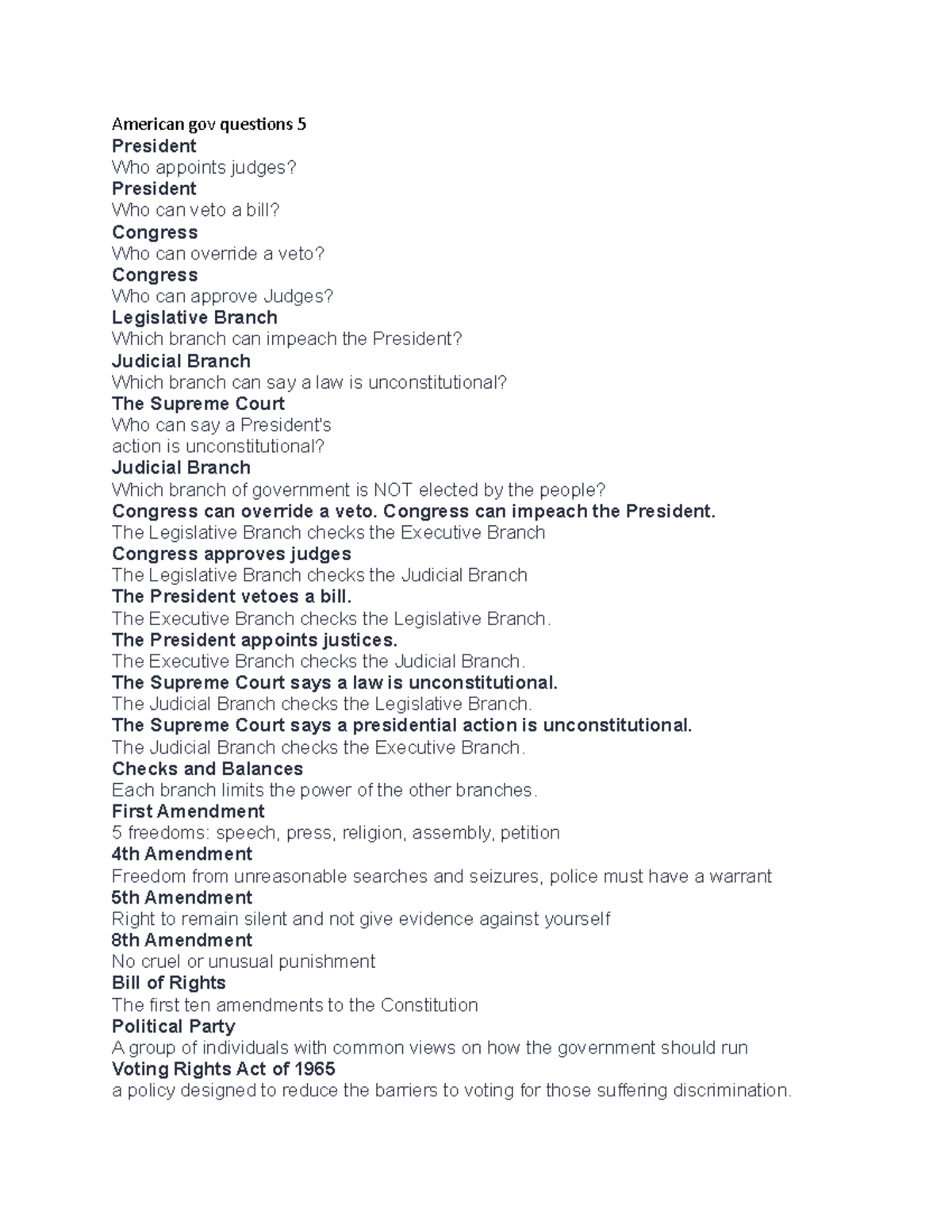 American gov questions 7 - Congress can impeach the President. The ...