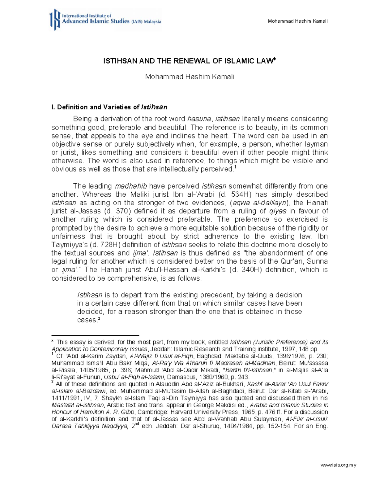 Istihsan and the renewal of Islamic Law - ISTIHSAN AND THE RENEWAL OF ...