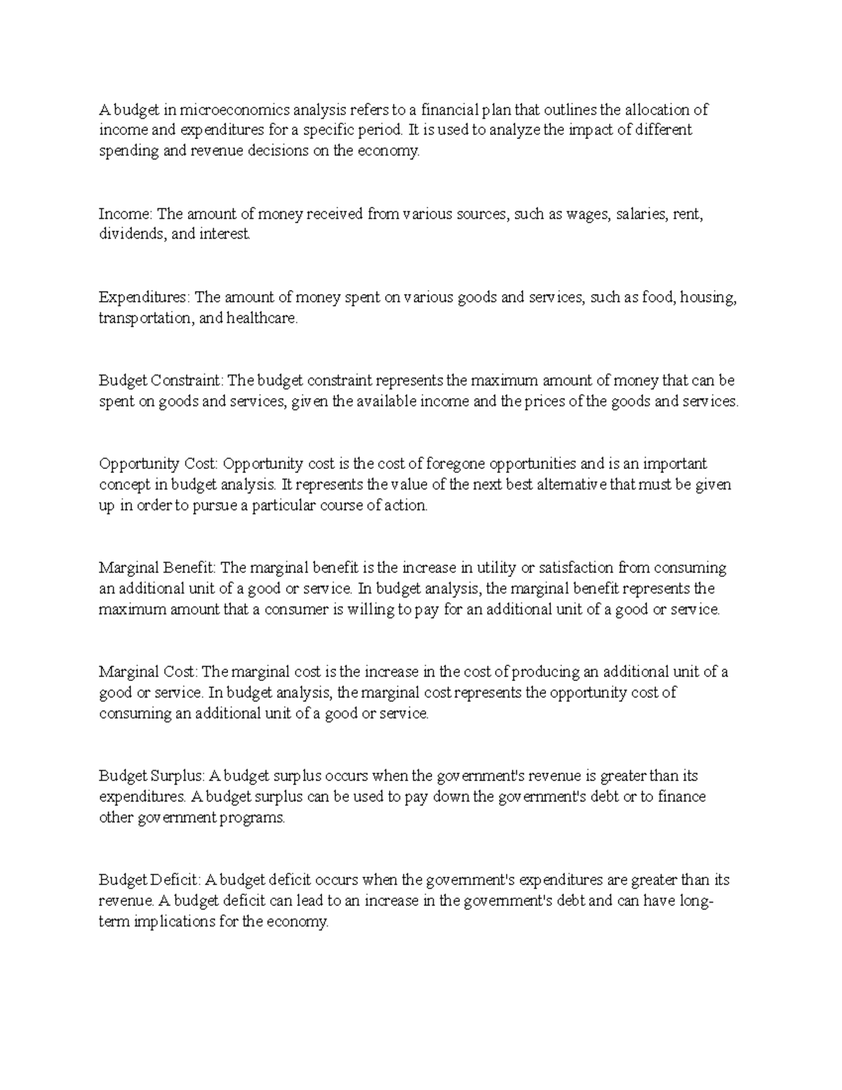 EC3 - Notes on budget - A budget in microeconomics analysis refers to a ...