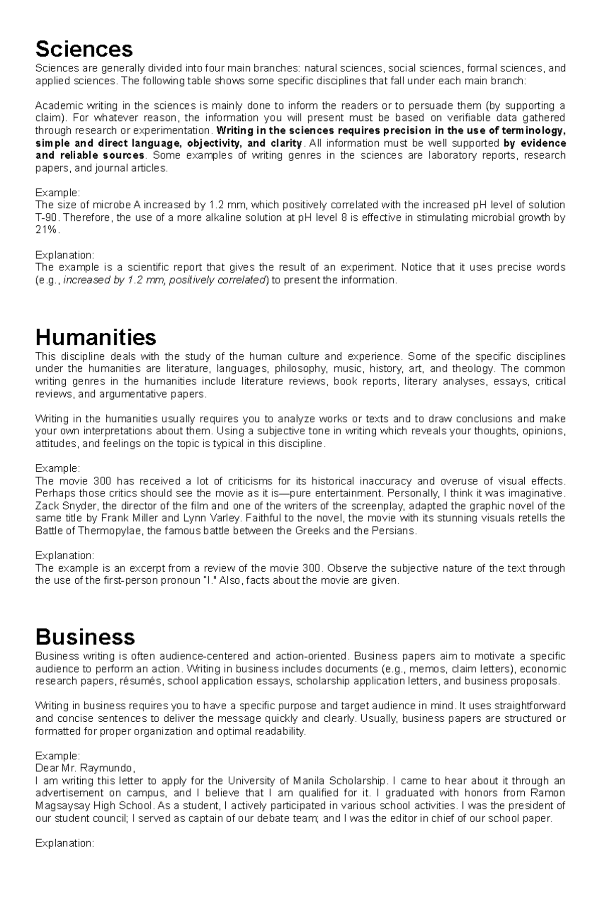 Sciences Humanities and Business - Sciences Sciences are generally ...