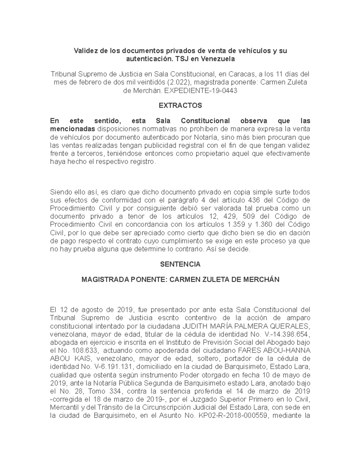 Validez de los documentos privados de venta de vehículos y su ...