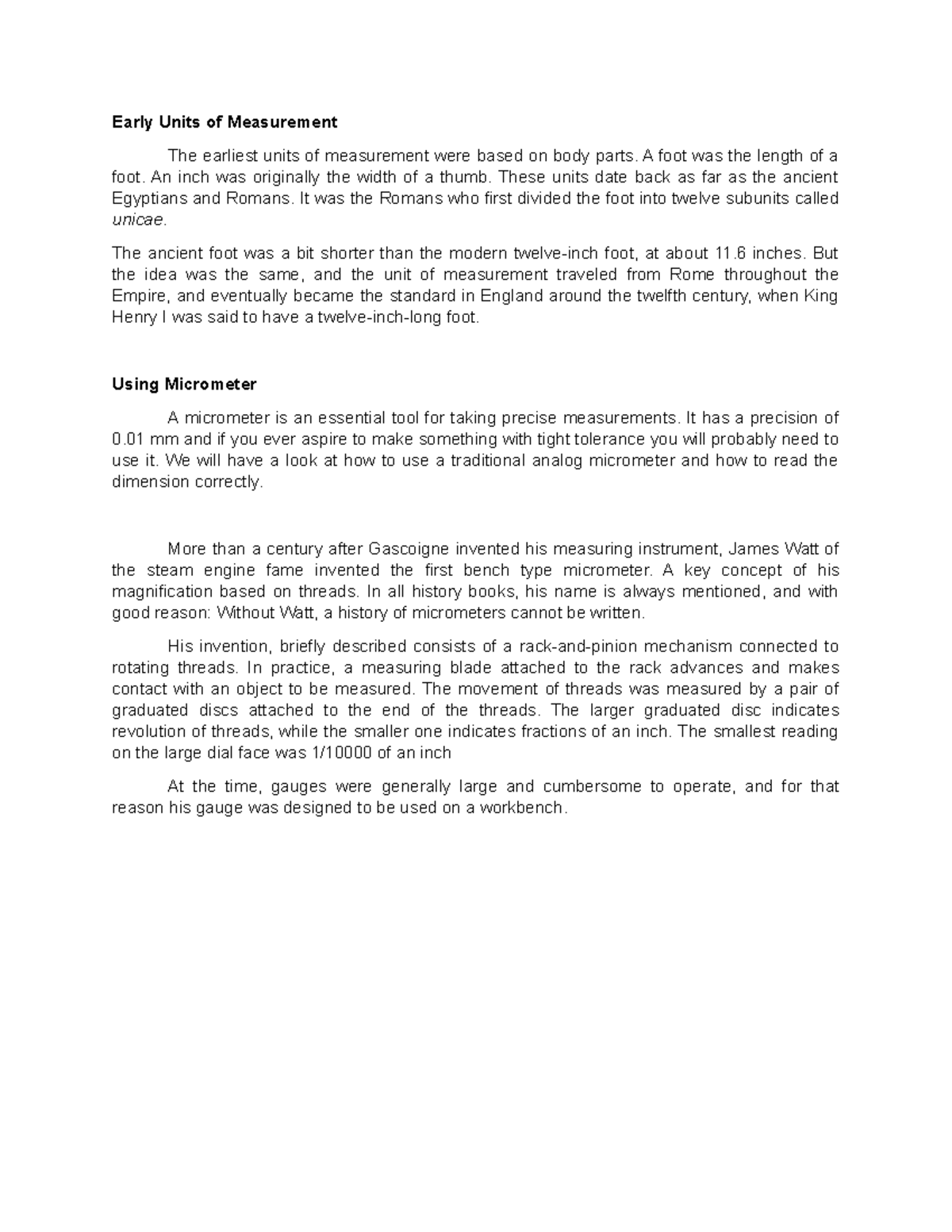Lesson 1 Mechanical measurements - Early Units of Measurement The ...