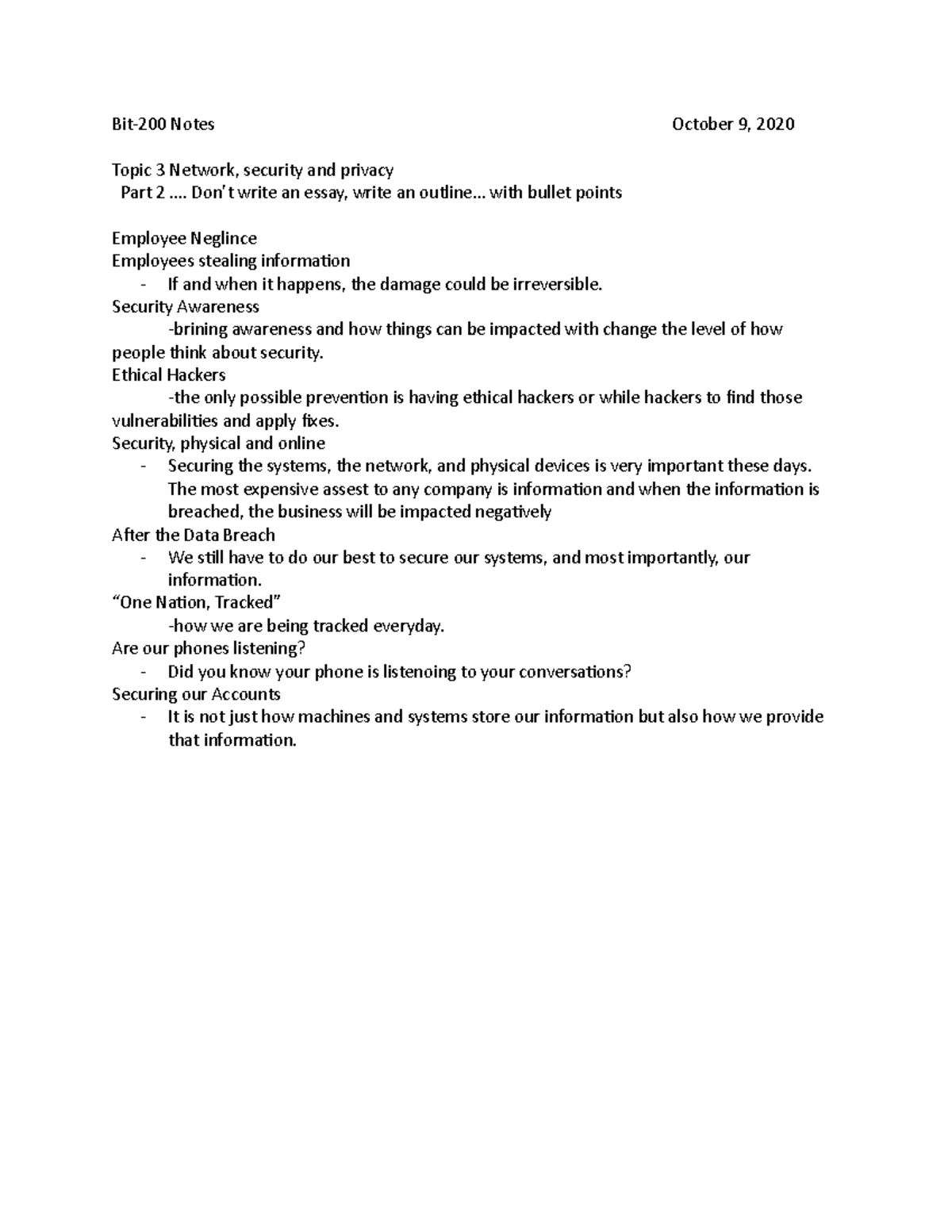 Bit notes - Bit-200 Notes October 9, 2020 Topic 3 Network, security and ...