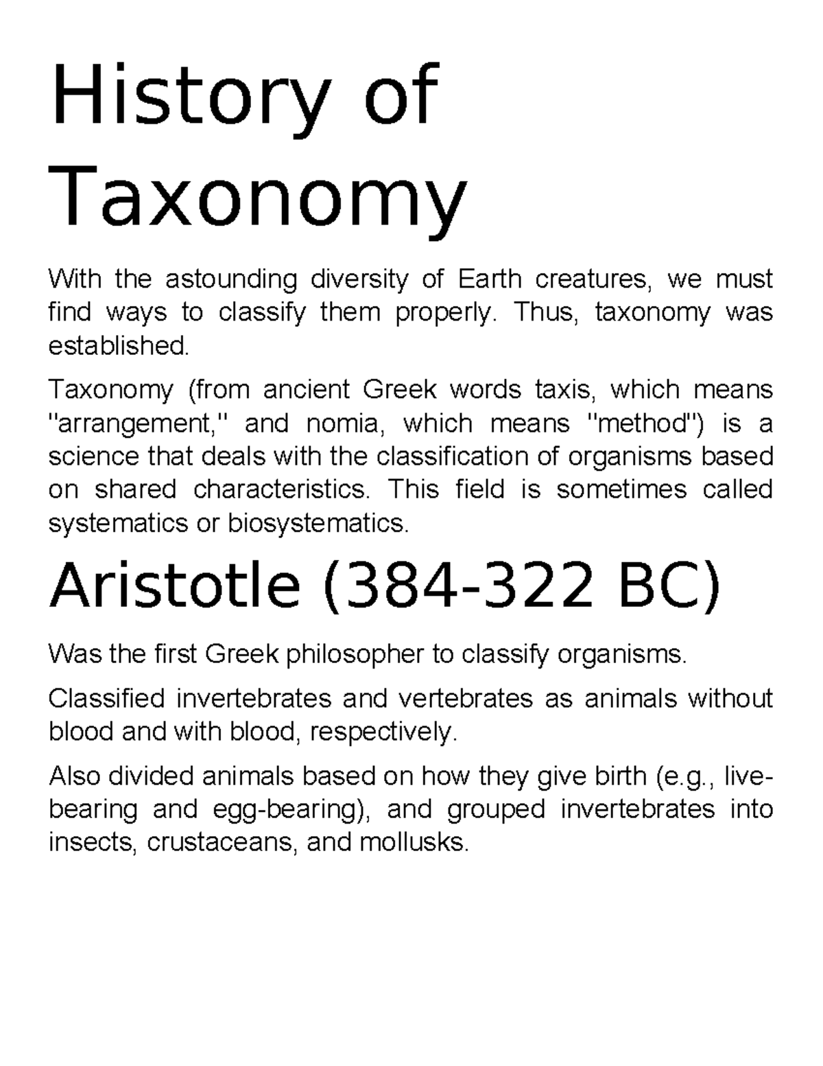History of Taxonomy - :)) - History of Taxonomy With the astounding ...