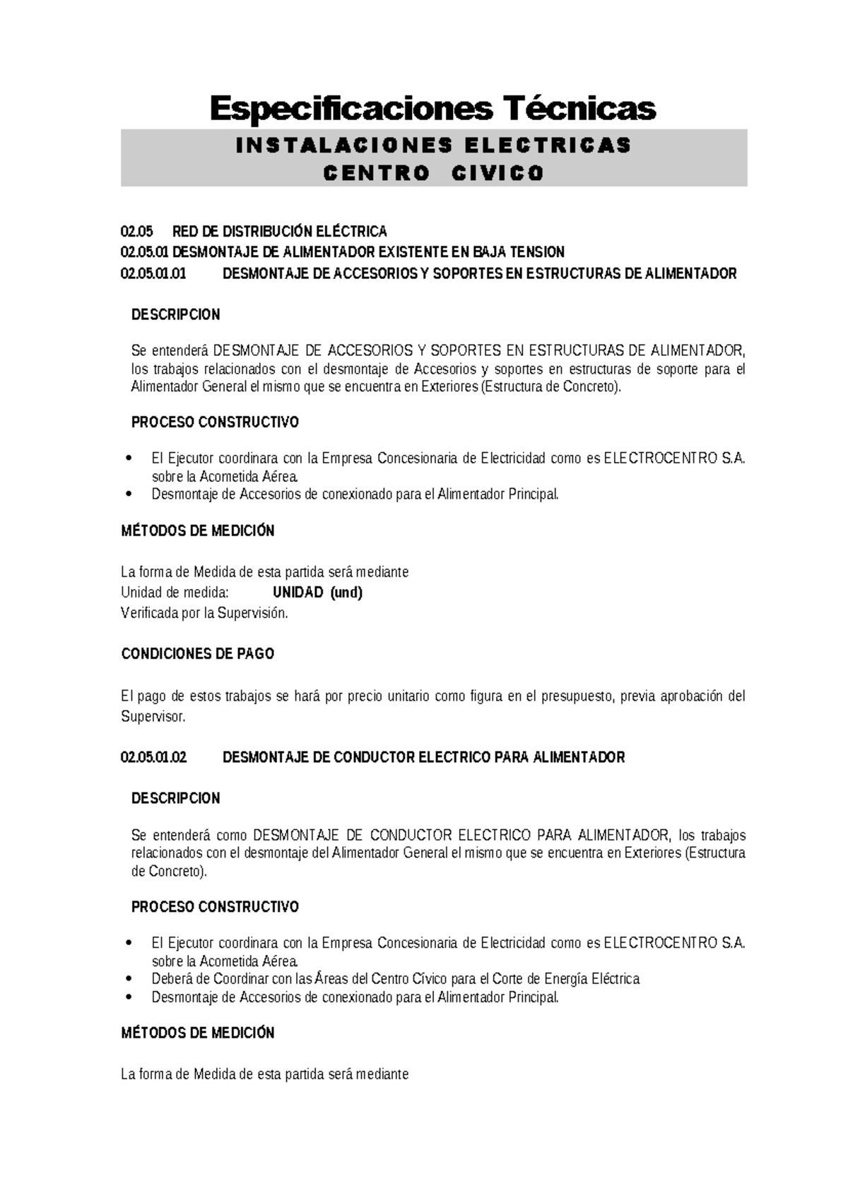EETT - Electricas - Especificaciones Técnicas I N S T A L A C I O N E S E L E C T R I C A S C E ...
