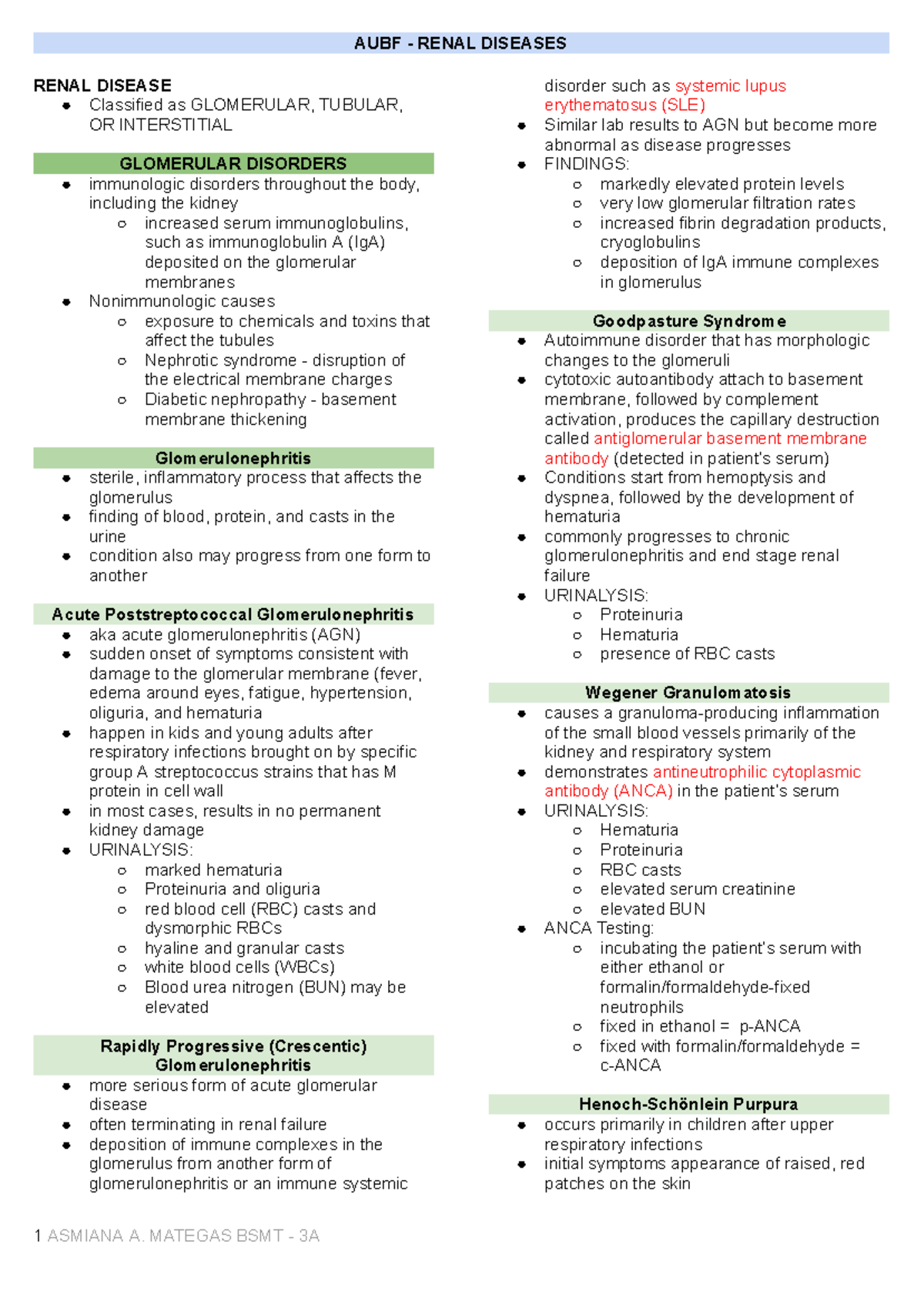 AUBF - Renal Diseases - RENAL DISEASE Classified as GLOMERULAR, TUBULAR ...