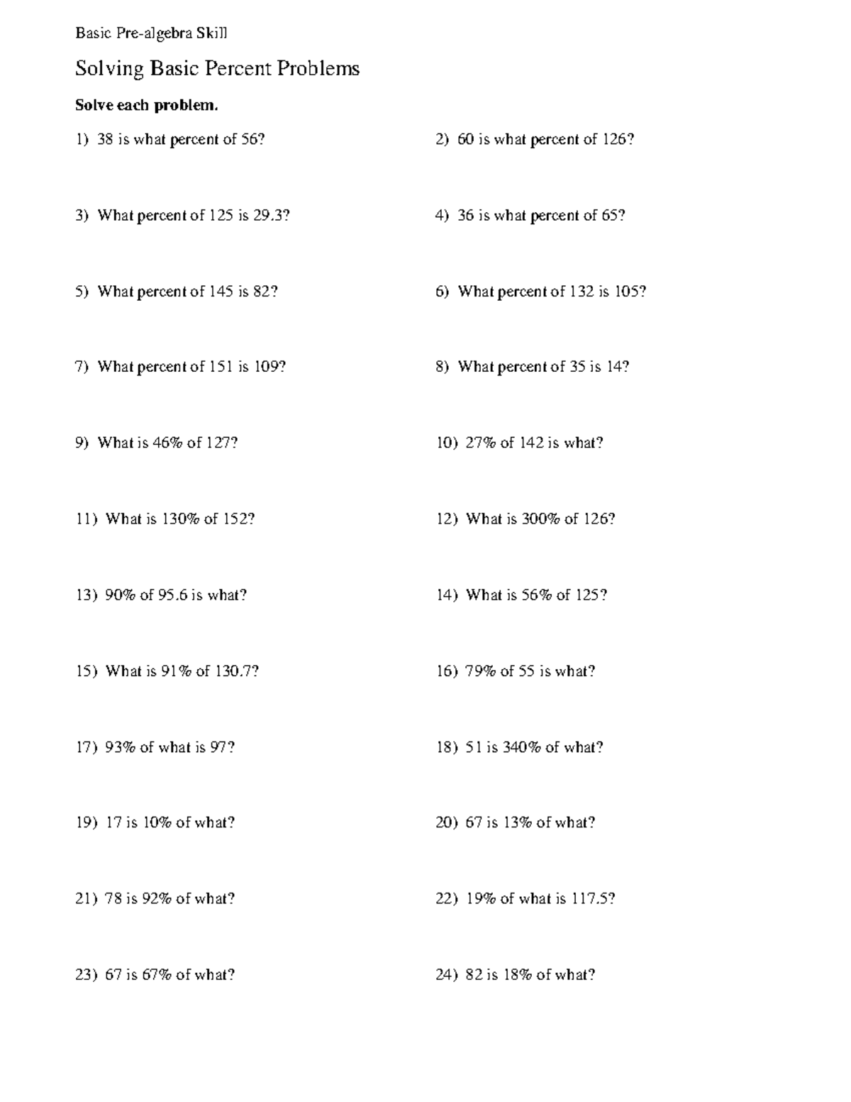 Percentbasic - Percents - Basic Pre-algebra Skill Solving Basic Percent ...