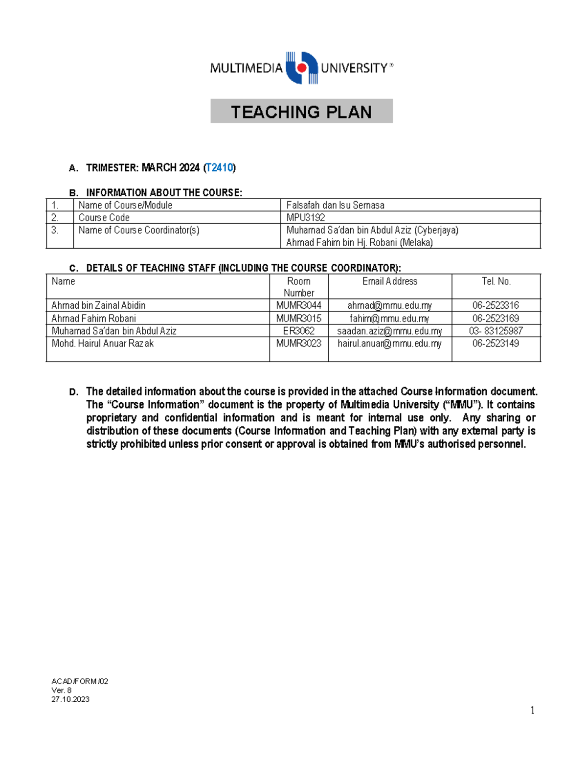 T2410 MPU3192 Teaching Plan - ACAD/FORM/ Ver. 8 27. A. TRIMESTER: MARCH ...