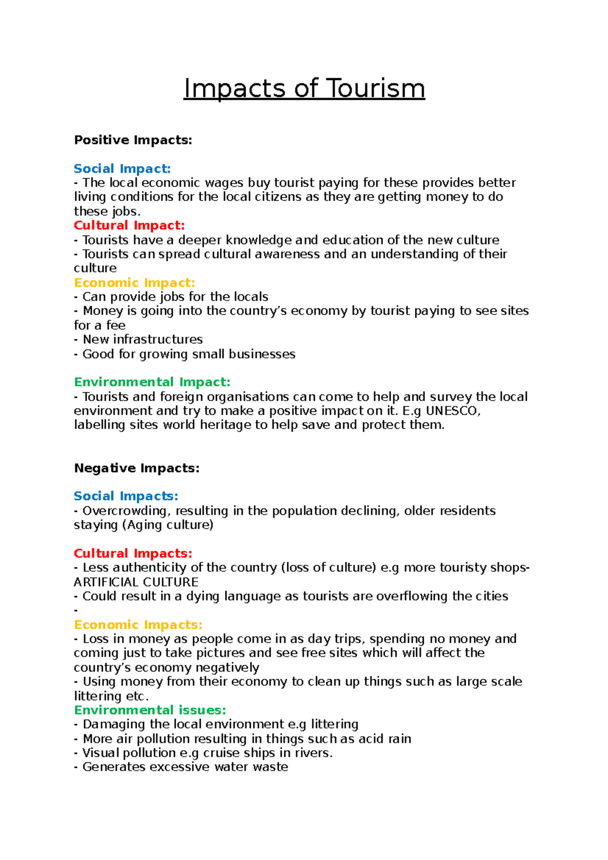 Impacts of Tourism - Impacts of Tourism Positive Impacts: Social Impact ...