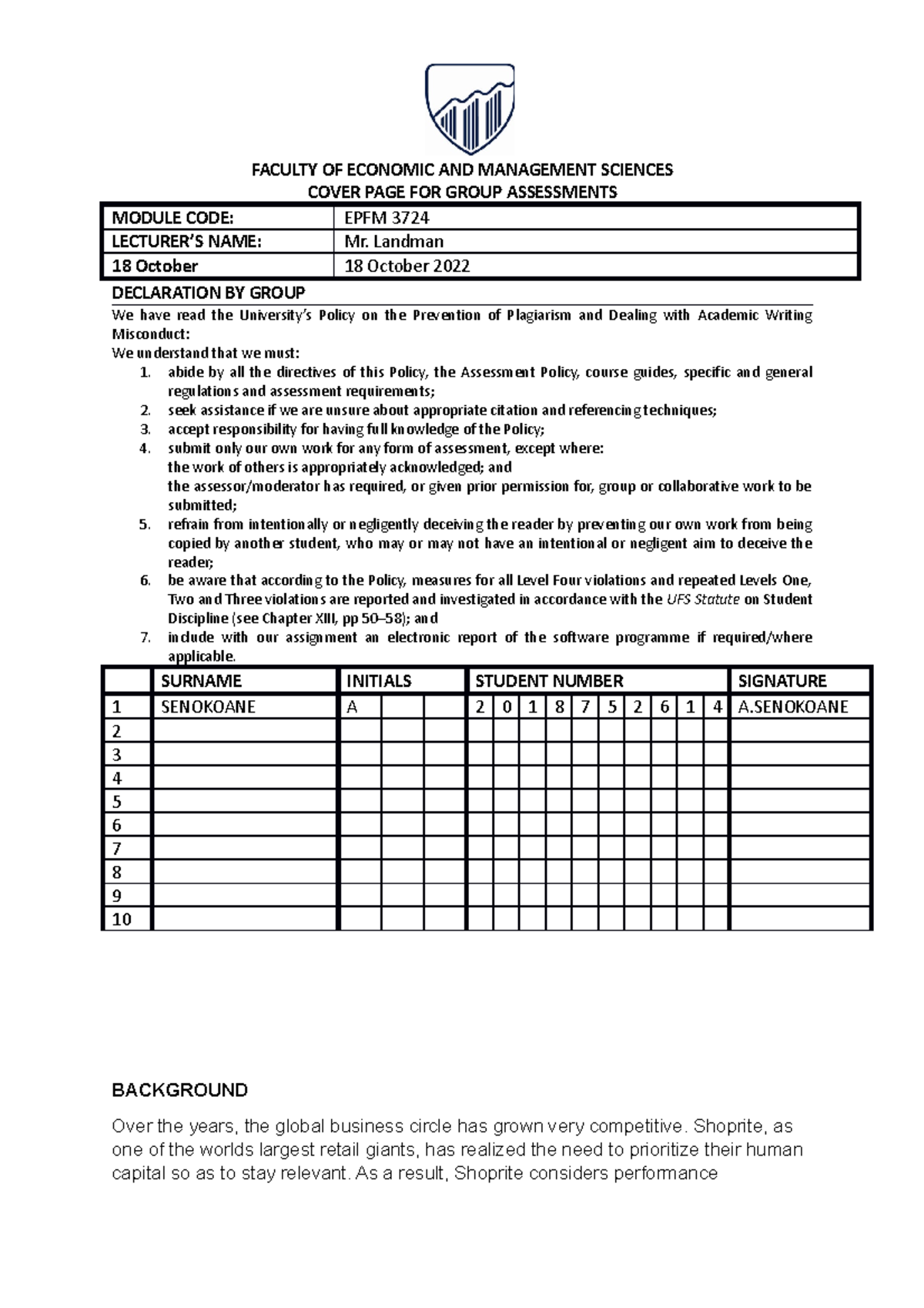 EPFM 3724 Assignment cover page 2022 - FACULTY OF ECONOMIC AND ...