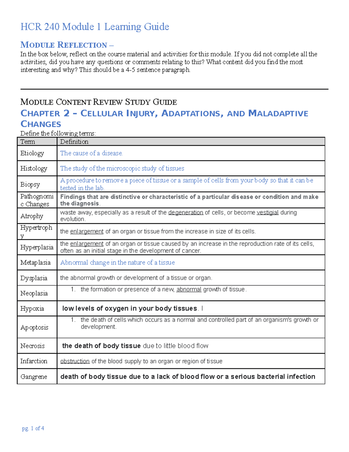 Patho lesson one - Notes - MODULE REFLECTION – In the box below ...
