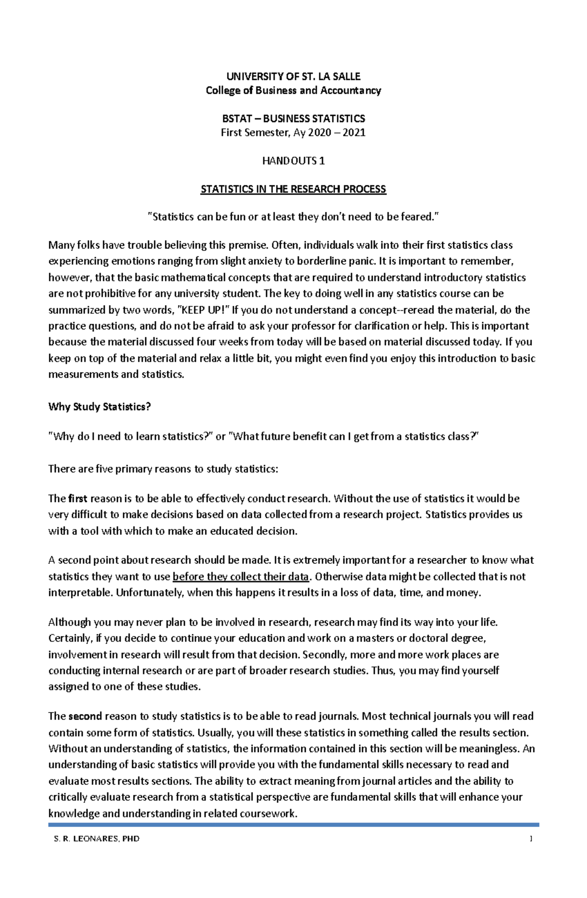 Bstat Handouts - Descriptive ONLY handouts 1 - UNIVERSITY OF ST. LA ...