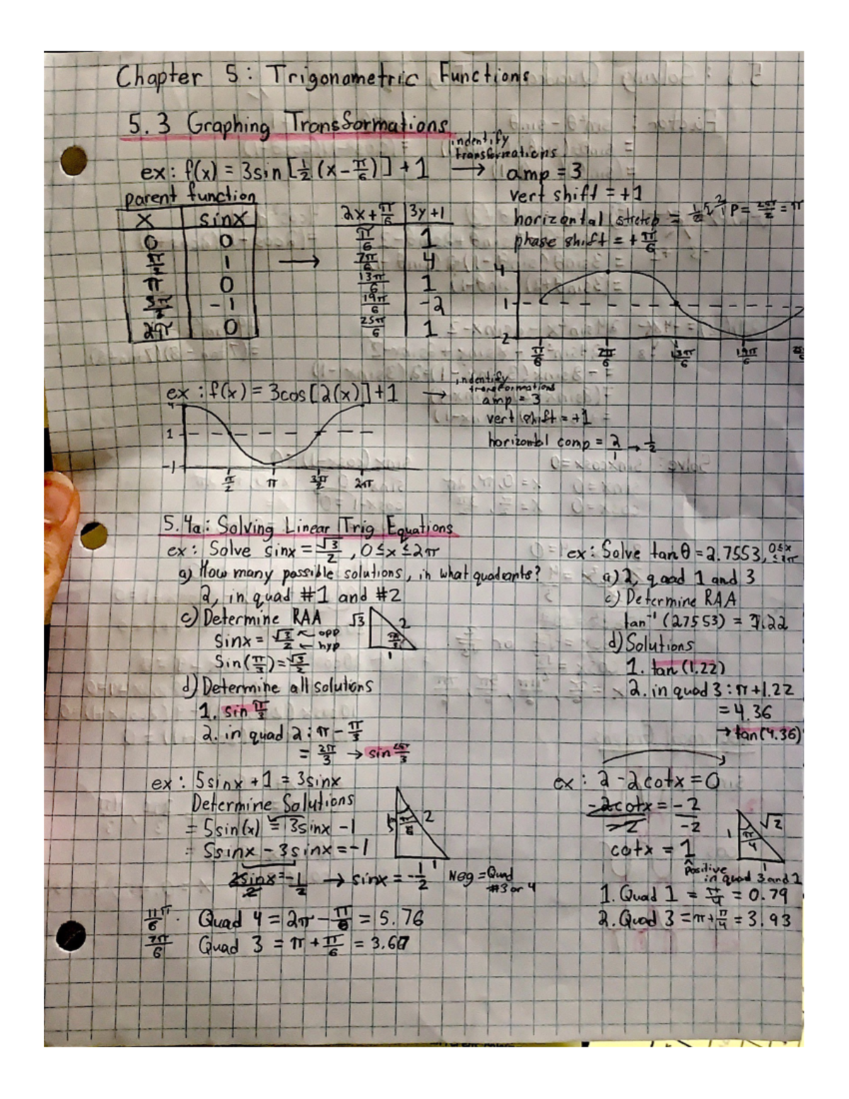 Trigonometric Functions Study Sheet (Graphing, Solving Linear ...