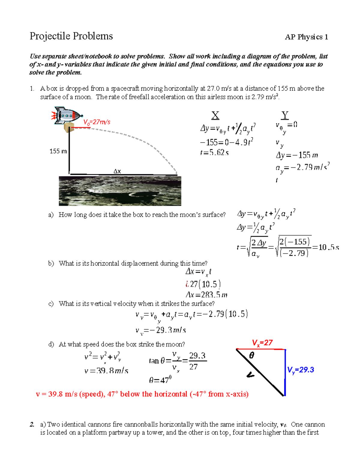 3.4-Projectile WS- Solns - 155 m V 0 =27m/s Dx Projectile Problems AP ...