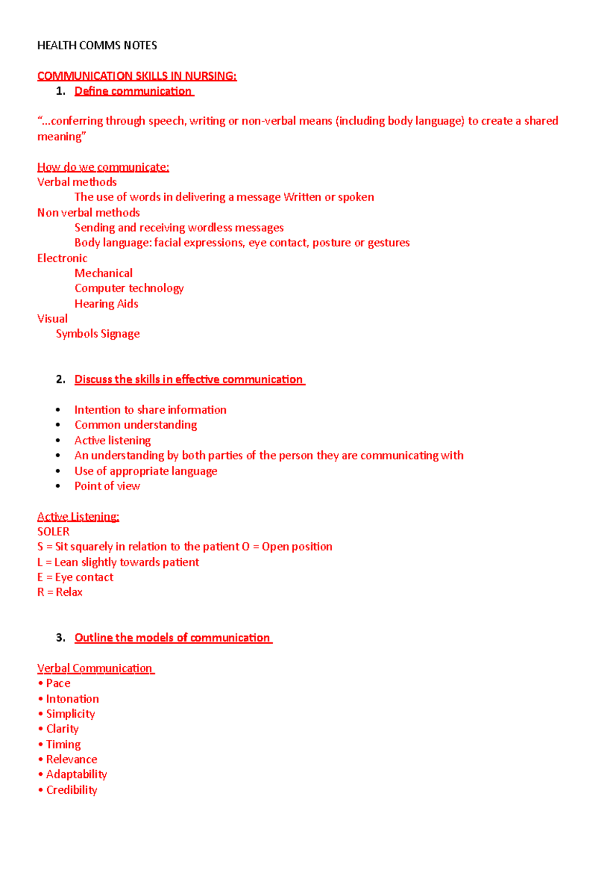 Health Comms Notes - HEALTH COMMS NOTES COMMUNICATION SKILLS IN NURSING ...