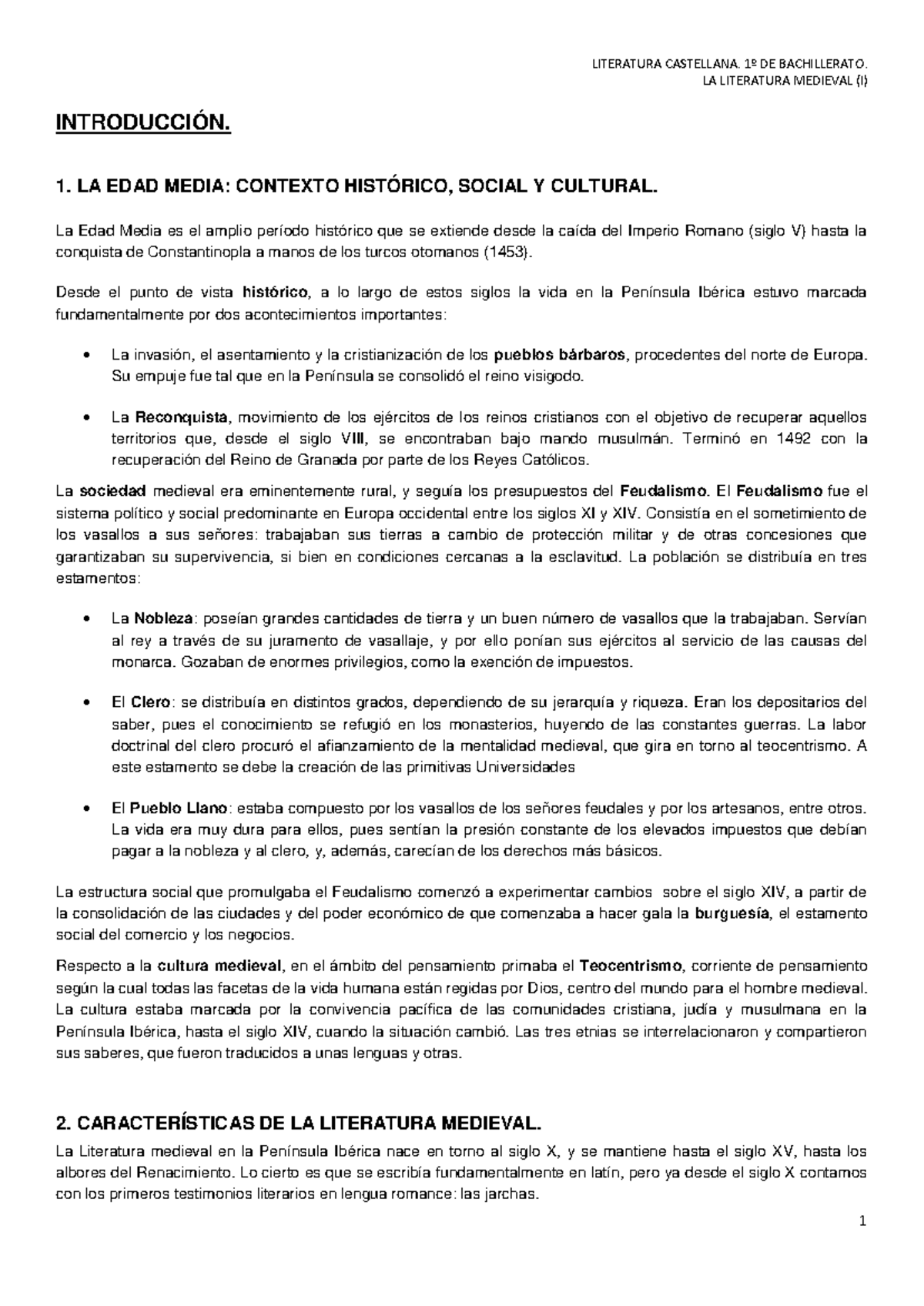 1 Literatura Medieval I - LA LITERATURA MEDIEVAL (I) INTRODUCCIÓN. 1 ...