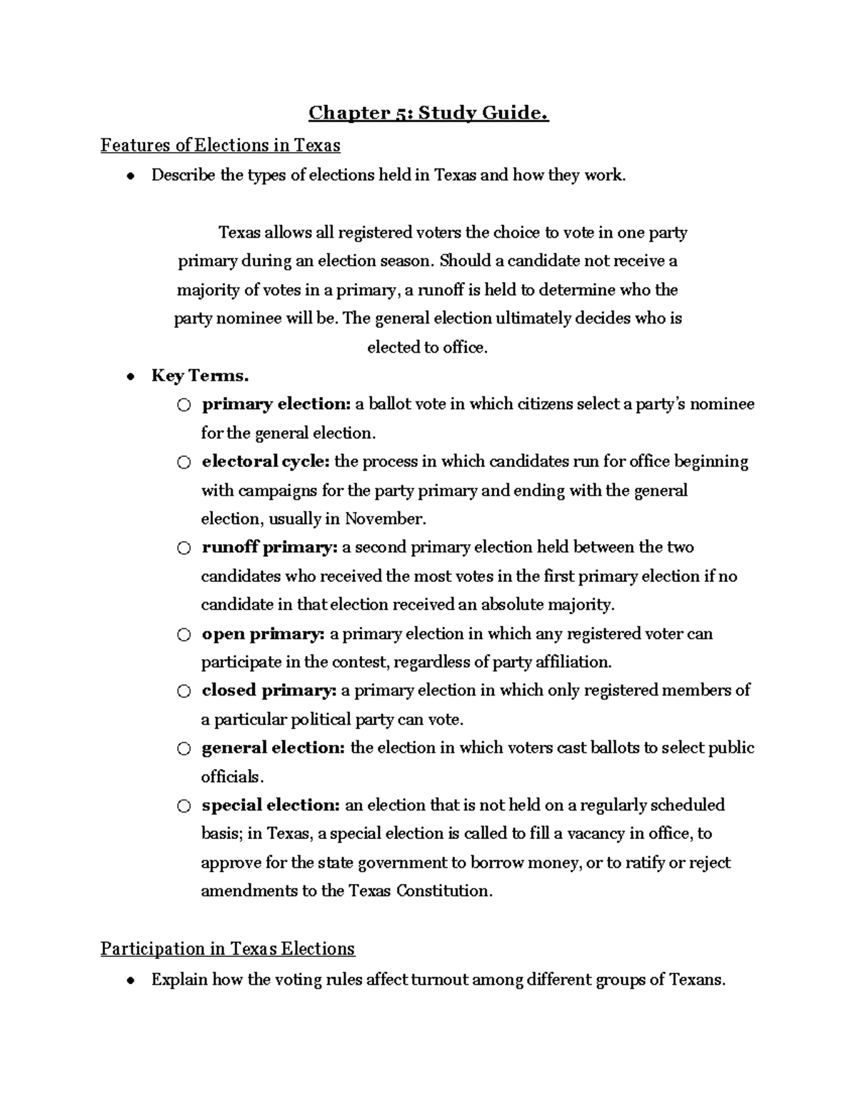 Chapter 5 Study Guide - Chapter 5: Study Guide. Features of Elections ...