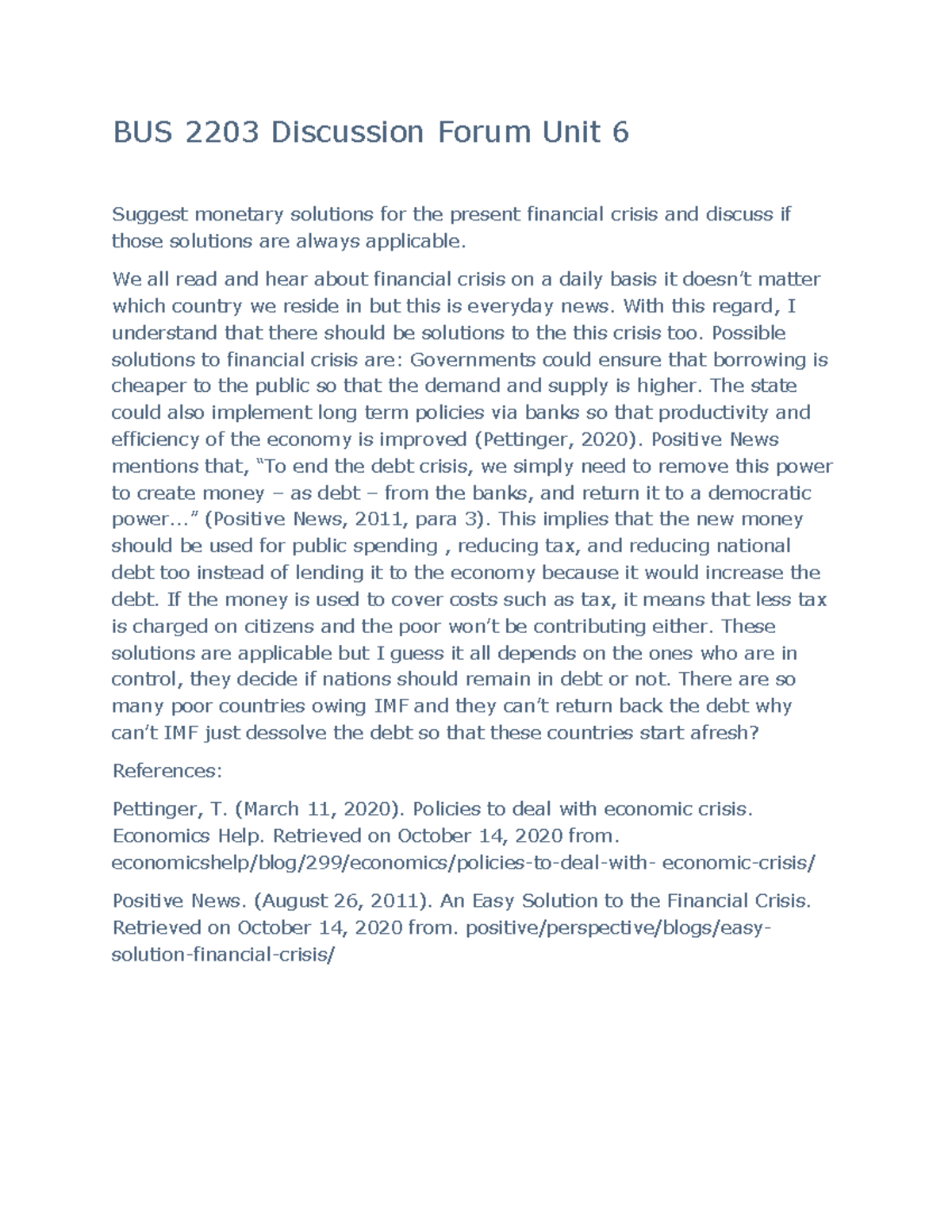 BUS 2203 Discussion Forum Unit 6 - BUS 2203 Discussion Forum Unit 6 ...